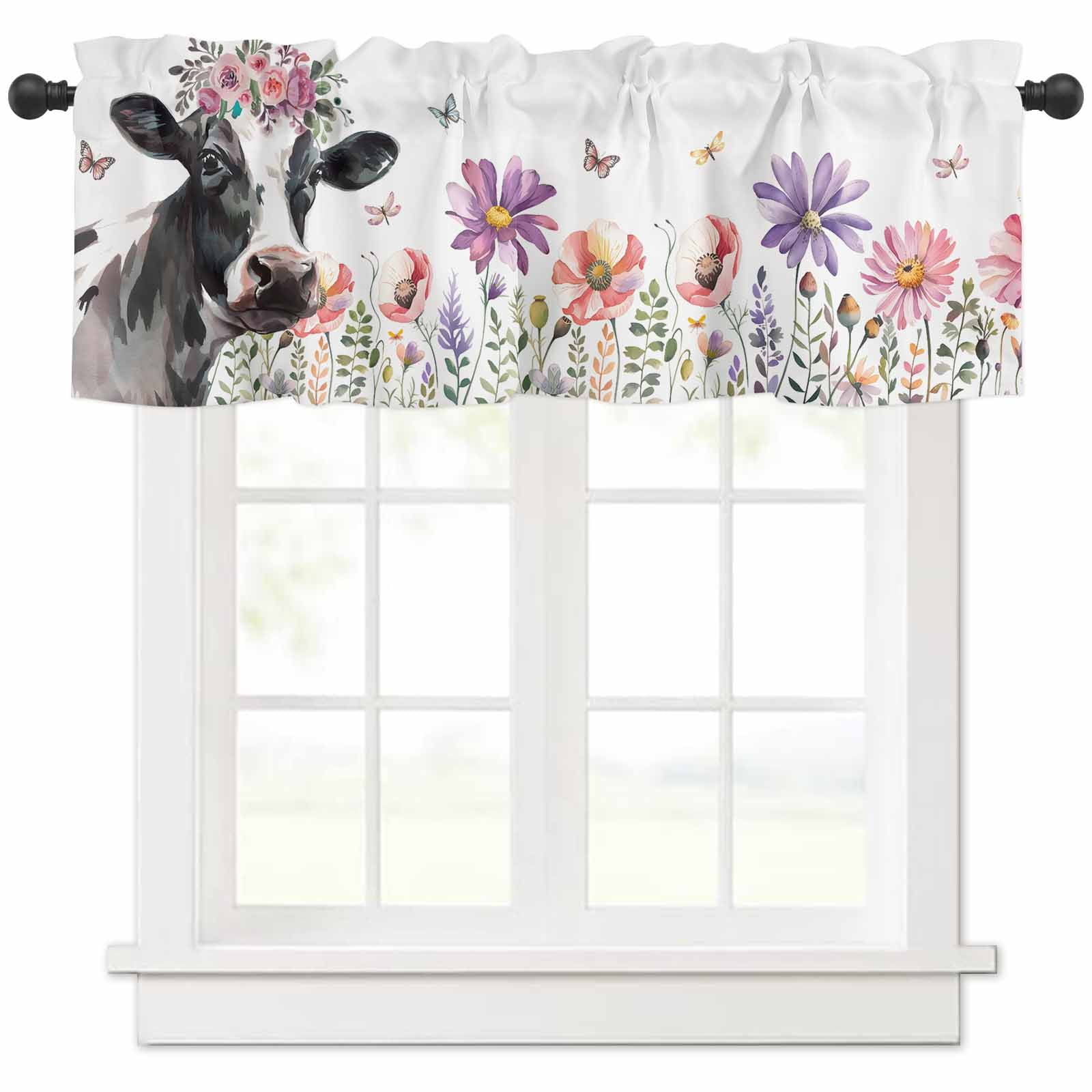 nqOlkjepod Cow Flower Farmhouse Short Window Curtain Valances ...