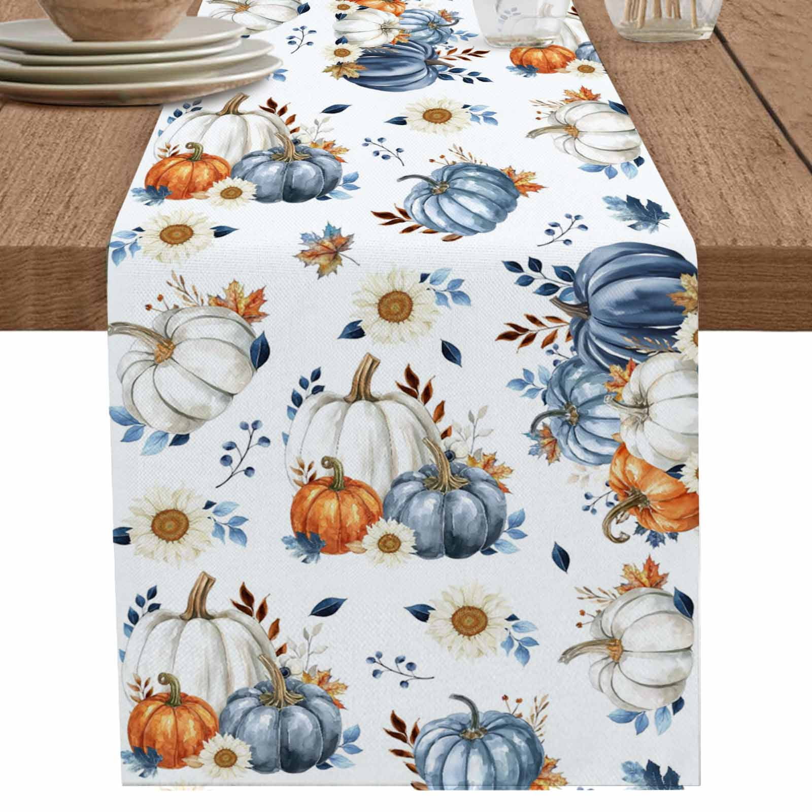 nqOlkjepod Fall Blue Pumpkin Table Runner 48 Inches Long Farmhouse ...