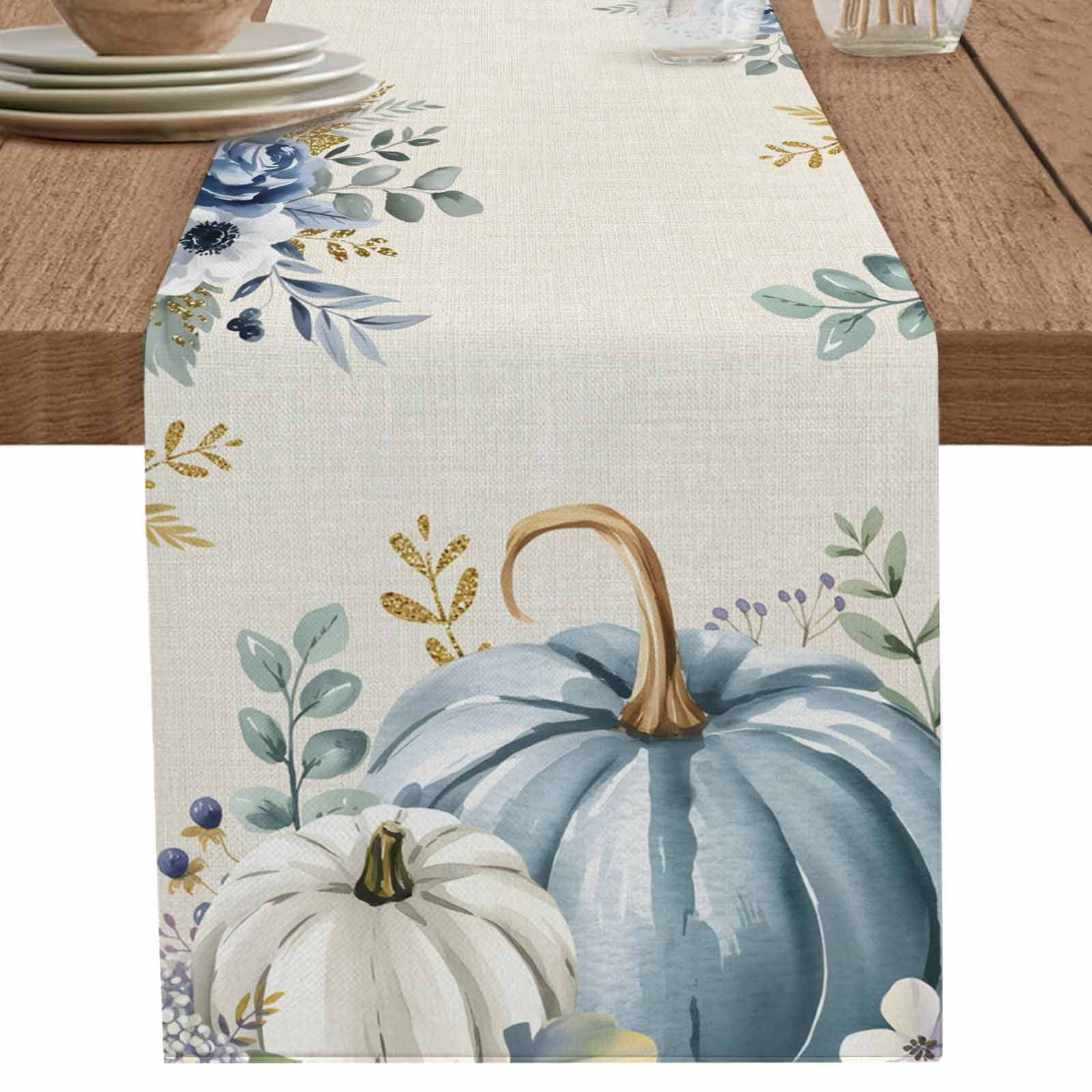 nqOlkjepod Fall Blue Pumpkins Table Runner 120 Inches Long Farmhouse ...