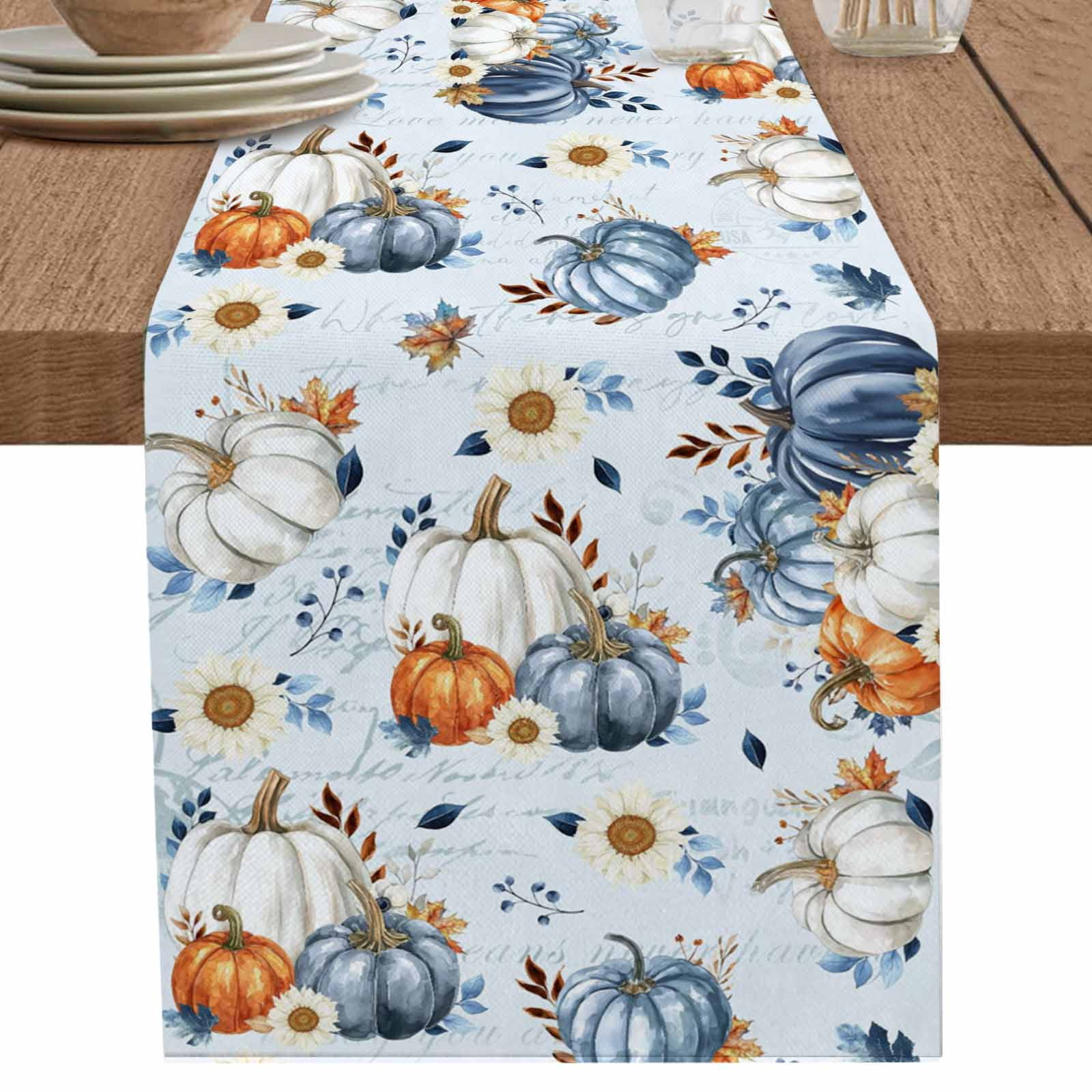 nqOlkjepod Fall Blue Pumpkins Table Runner 120 Inches Long Farmhouse ...