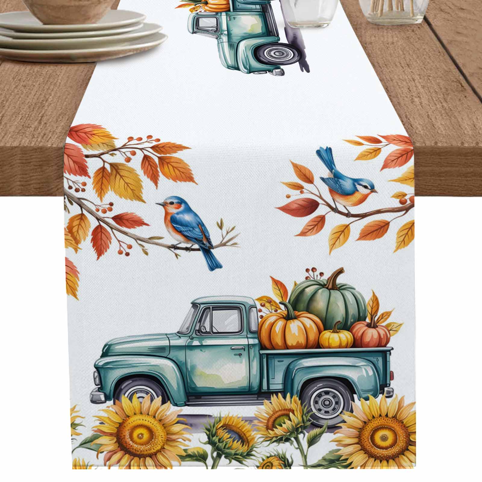 nqOlkjepod Fall Green Truck Table Runner 60 Inches Long Farmhouse Dress ...
