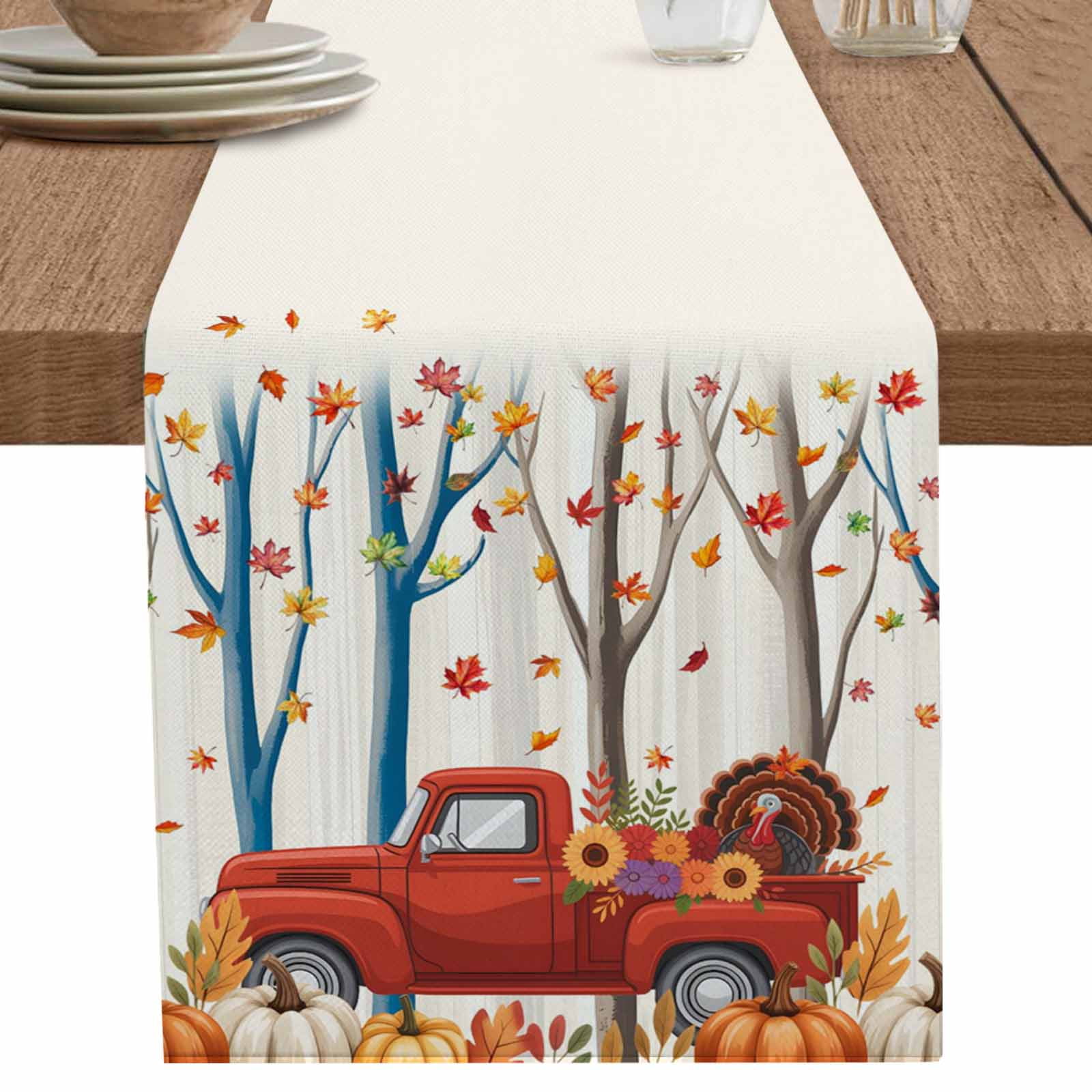 nqOlkjepod Fall Red Truck Table Runner 60 Inches Long Farmhouse Dress ...