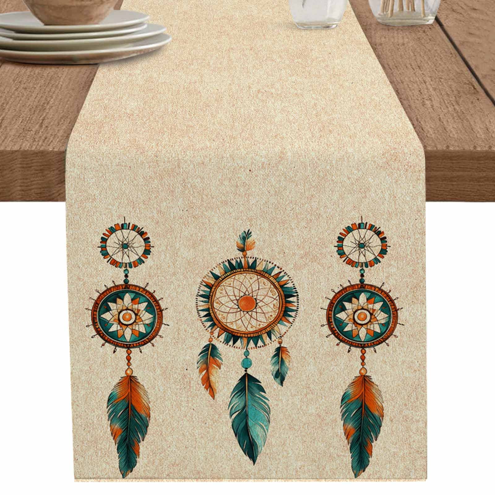 nqOlkjepod Geometric Feathers Table Runner 70 Inches Long Farmhouse Dress Scarves, Retro ...