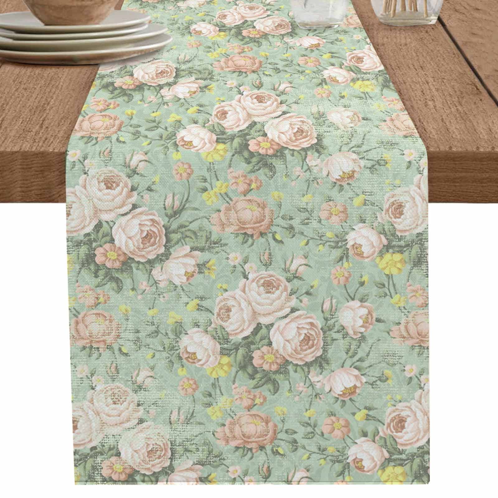 nqOlkjepod Green Flowers Table Runner 60 Inches Long Farmhouse Dress ...