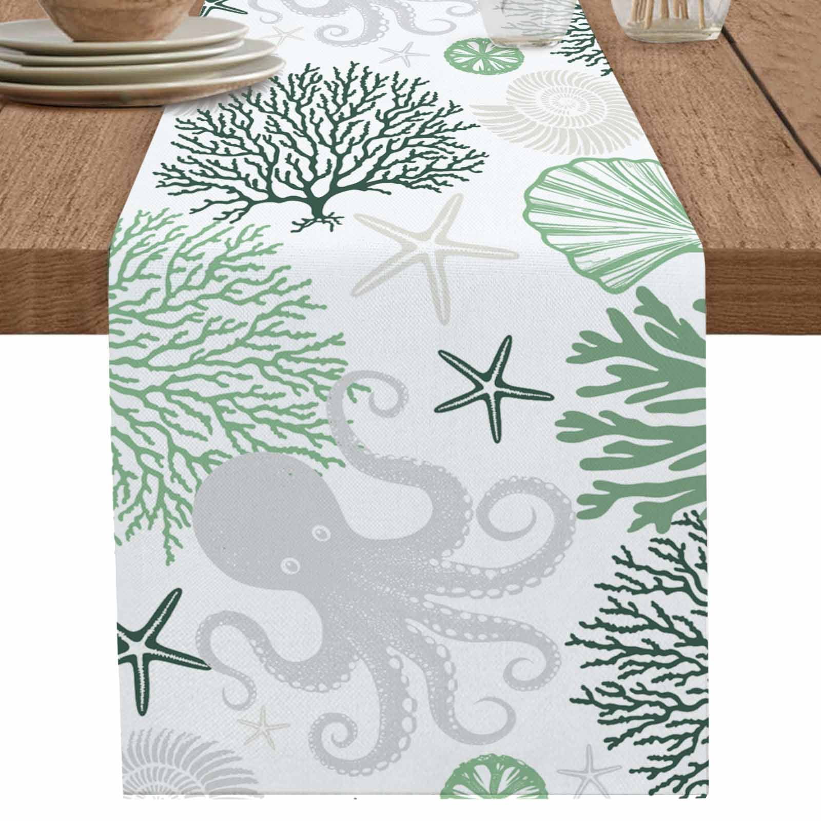 nqOlkjepod Green Grey Octopus Coastal Table Runner 90 Inches Long ...
