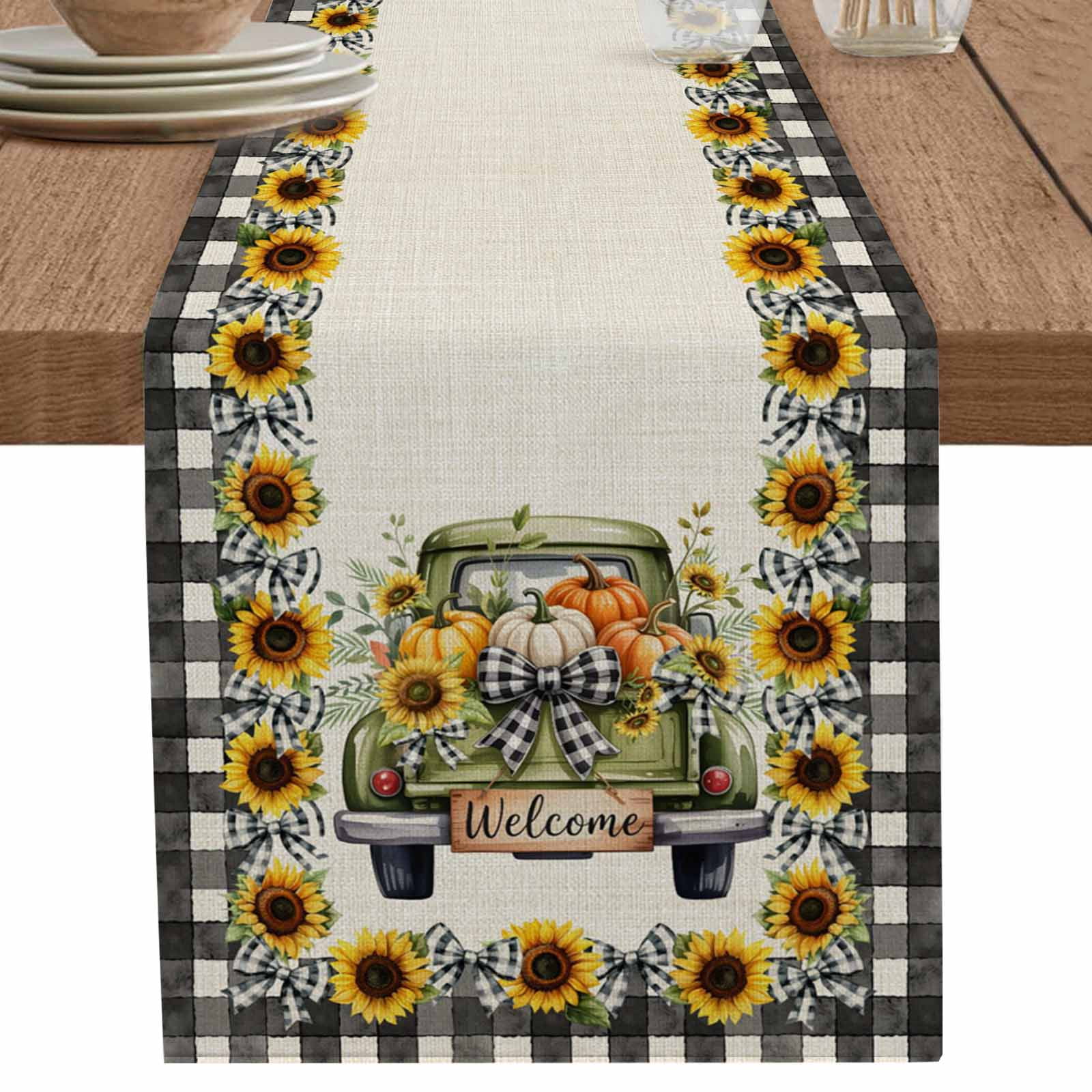 nqOlkjepod Green Truck Fall Table Runner 72 Inches Long Farmhouse Dress ...