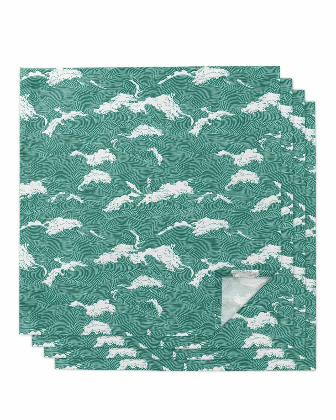 nqOlkjepod Green White Ocean Waves Cloth Napkins Set of 4 Reusable ...