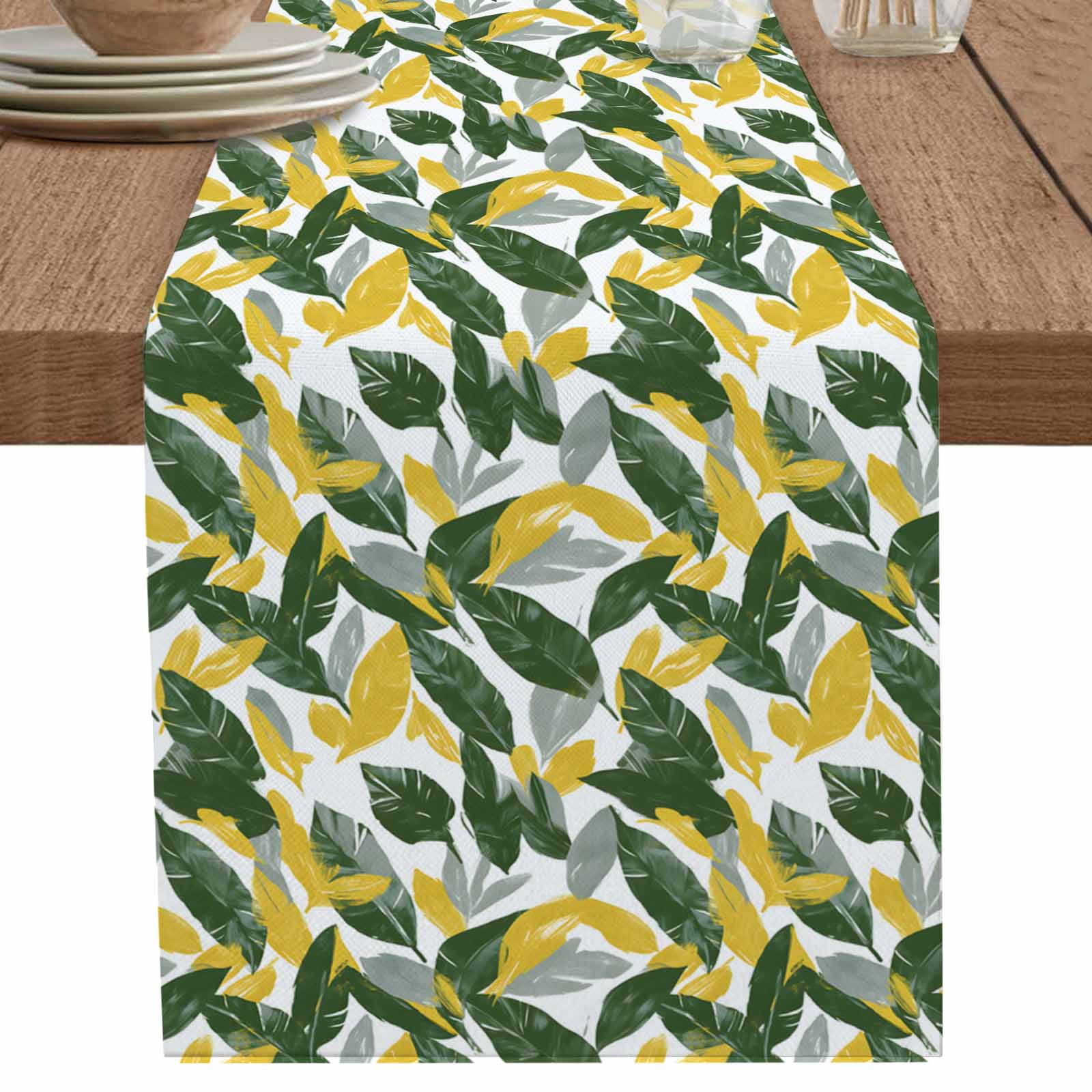 nqOlkjepod Green Yellow Leaves Table Runner 60 Inches Long Farmhouse ...