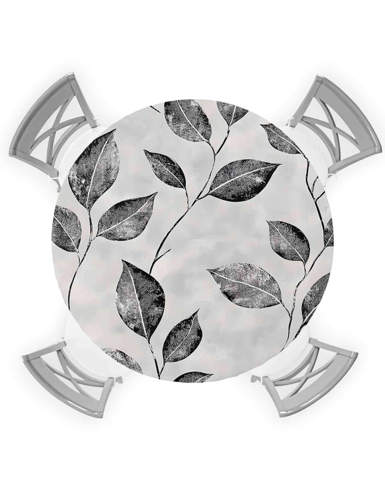 nqOlkjepod Grey Black Leaves Round Tablecloth, Fitted Table Cover with ...