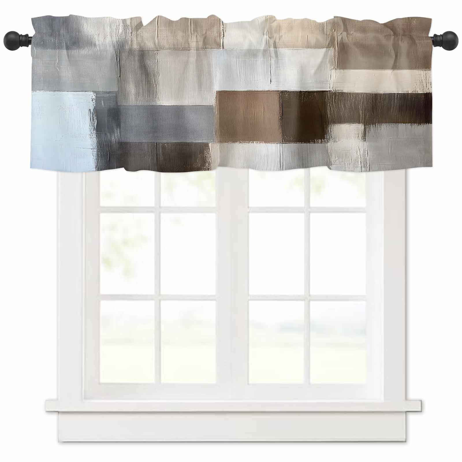 nqOlkjepod Grey Brown Color Blocks Farmhouse Short Window Curtain Valances, Abstract Oil ...