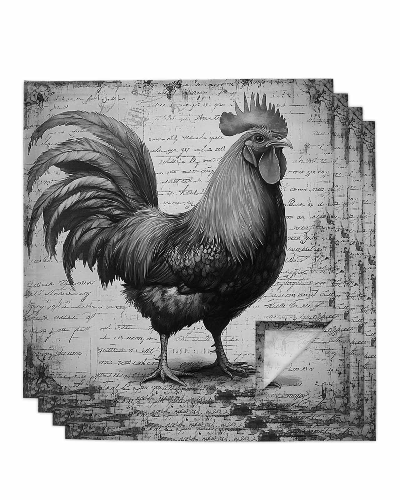 nqOlkjepod Grey Retro Rooster Cloth Napkins Set of 4 Reusable Dinner ...