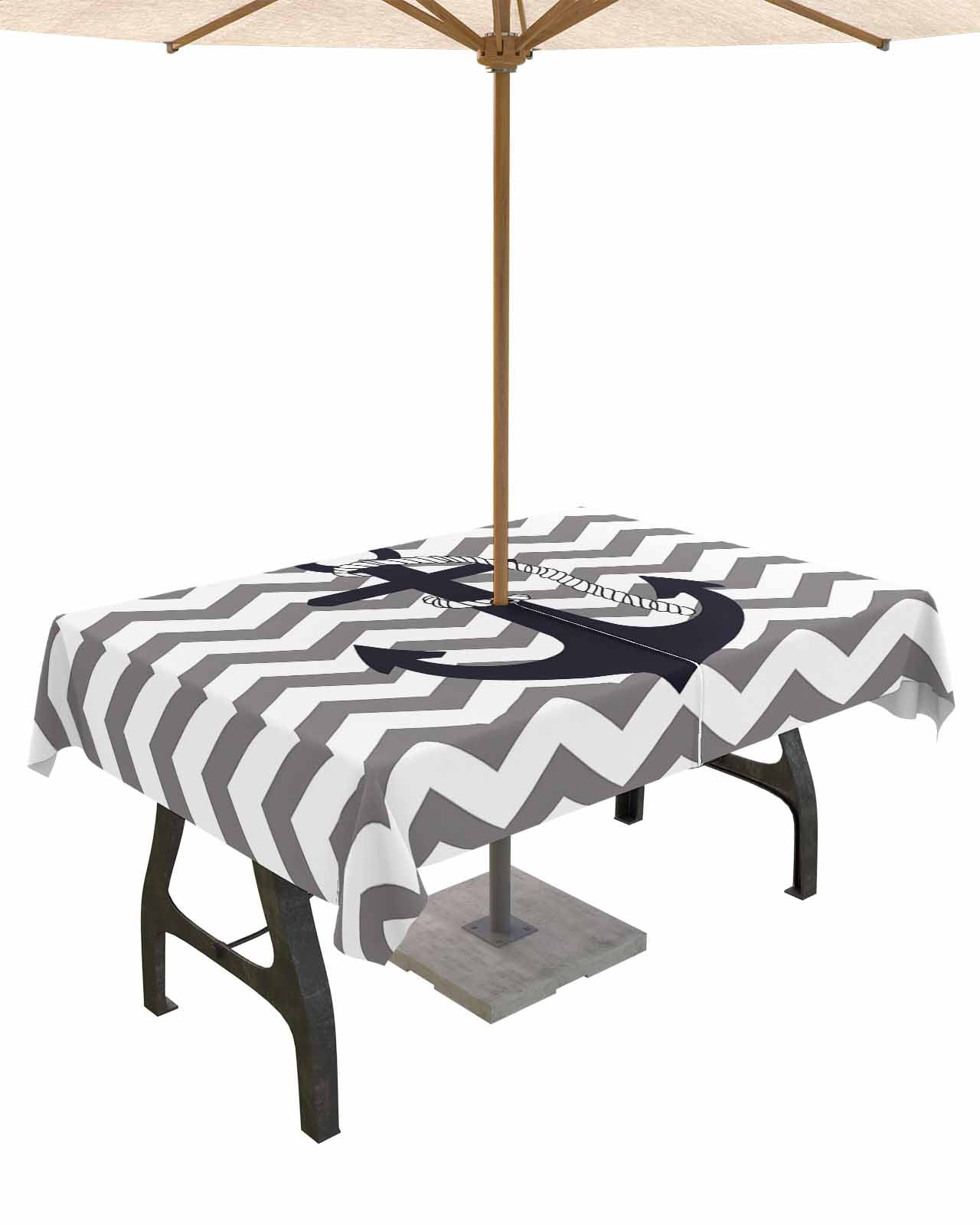 nqOlkjepod Grey Zigzag Outdoor Tablecloth with Umbrella Hole & Zipper, Coastal Nautical Anchor ...