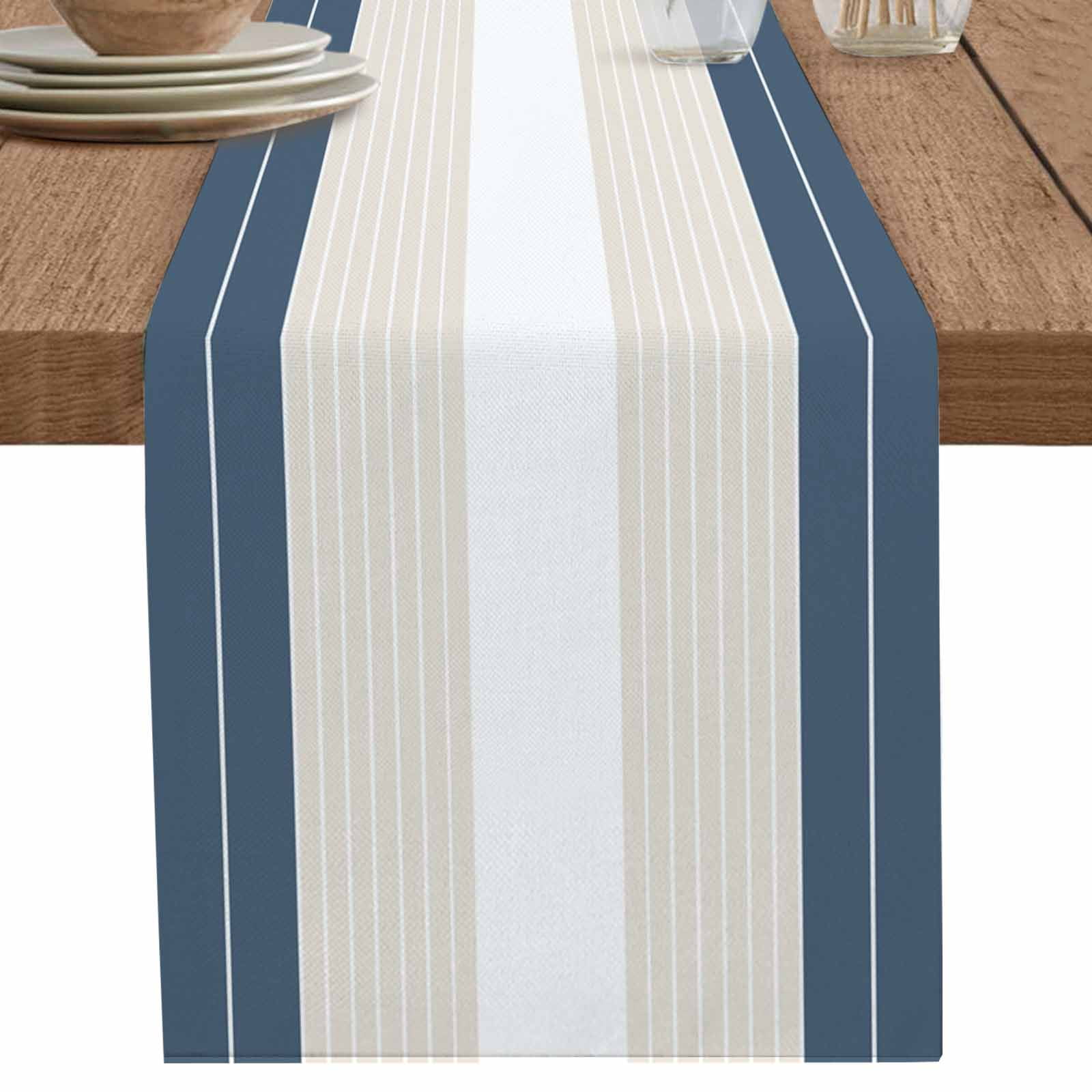 nqOlkjepod Haze Blue Beige Stripe Table Runner 72 Inches Long Farmhouse ...