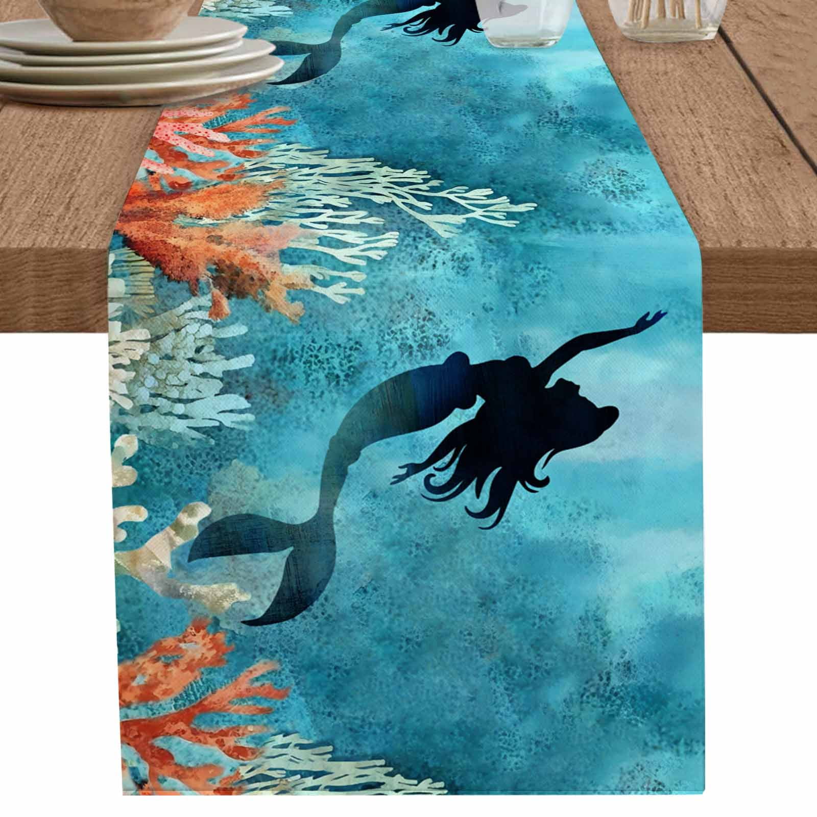nqOlkjepod Mermaid Silhouette Table Runner 72 Inches Long Farmhouse ...