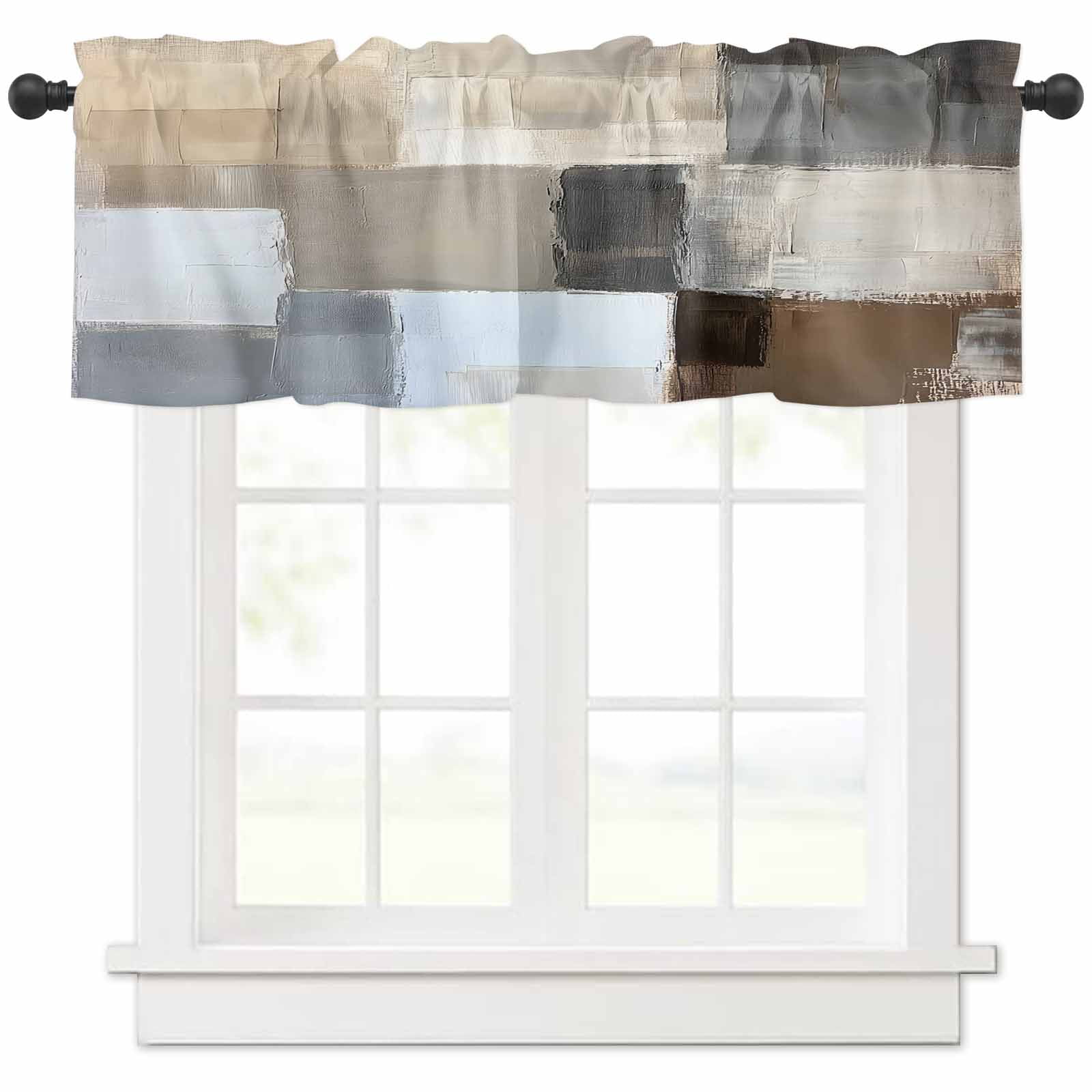 nqOlkjepod Modern Brown Beige Farmhouse Short Window Curtain Valances, Grey White Color Blocks ...