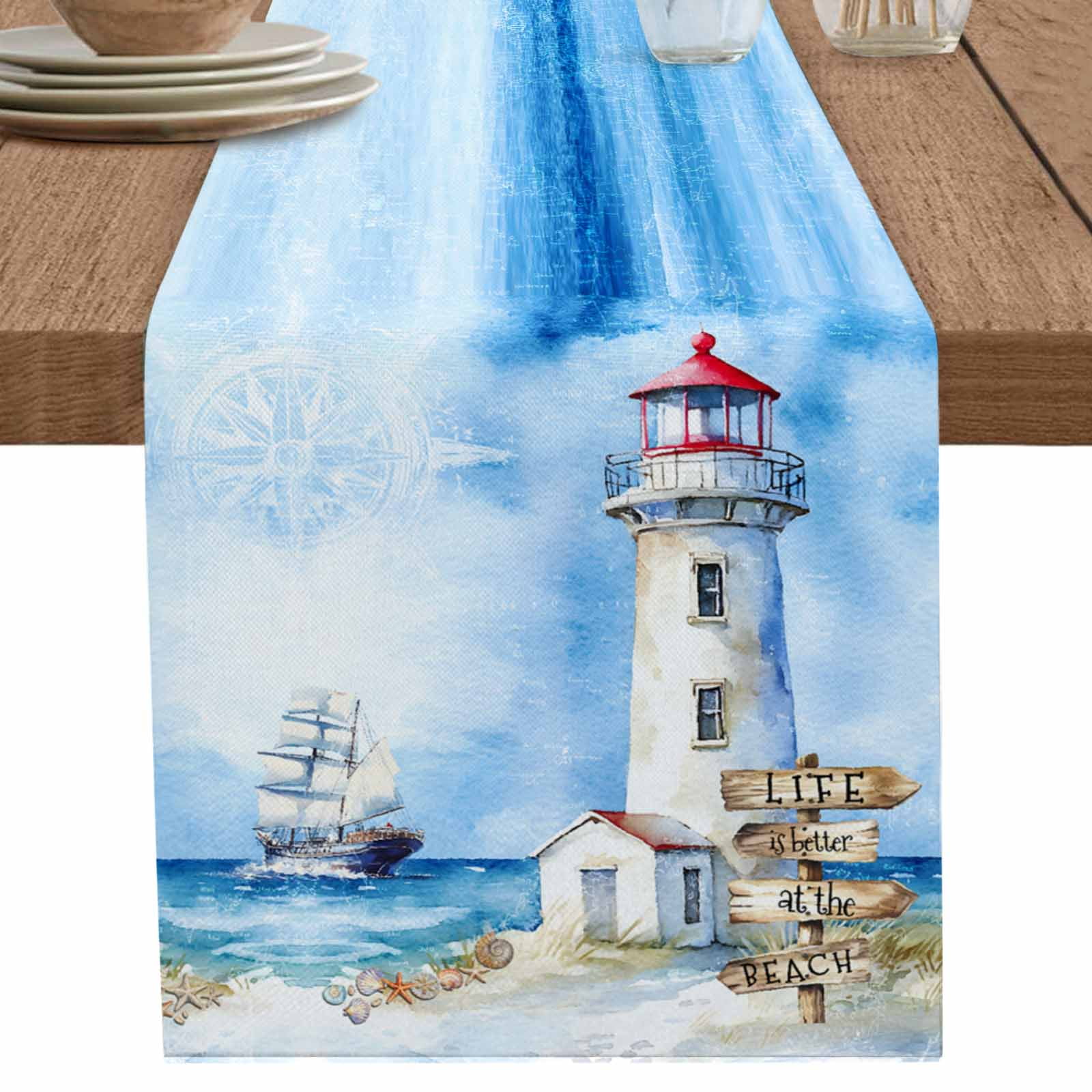 nqOlkjepod Nautical Blue Table Runner 72 Inches Long Farmhouse Dress Scarves, Lighthouse Ocean ...