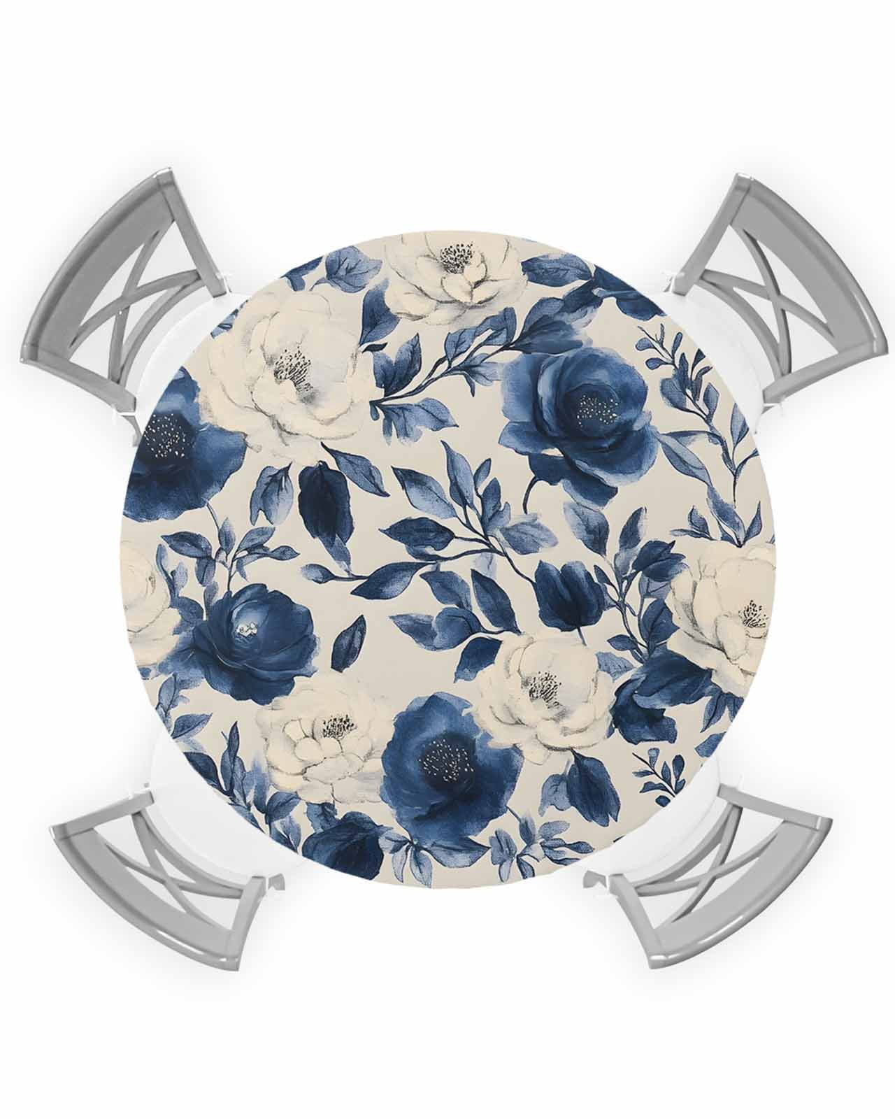 nqOlkjepod Navy Blue Beige Peony Round Tablecloth, Fitted Table Cover ...