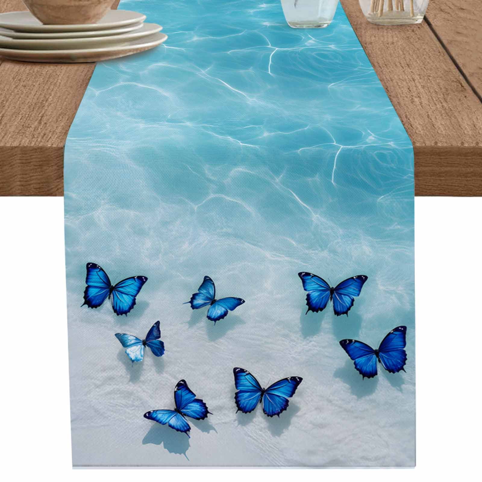 nqOlkjepod Navy Blue Butterflies Coastal Table Runner 72 Inches Long ...