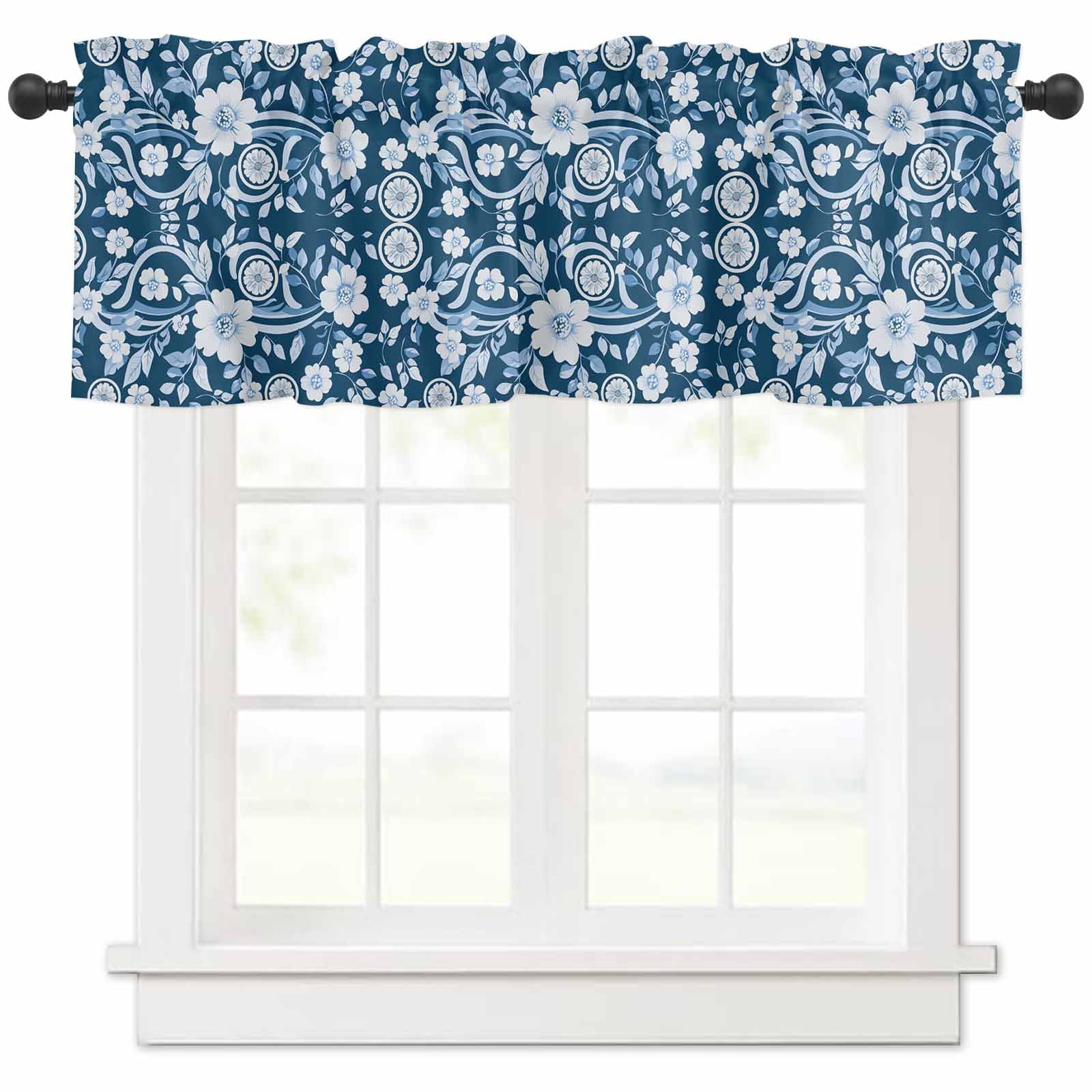 nqOlkjepod Navy Blue Floral Farmhouse Short Window Curtain Valances ...
