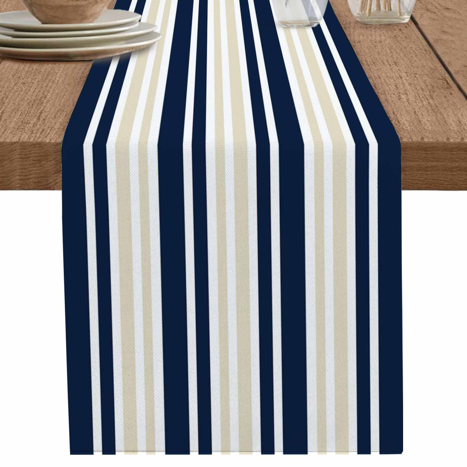 nqOlkjepod Navy Blue Khaki Striped Table Runner 36 Inches Long ...