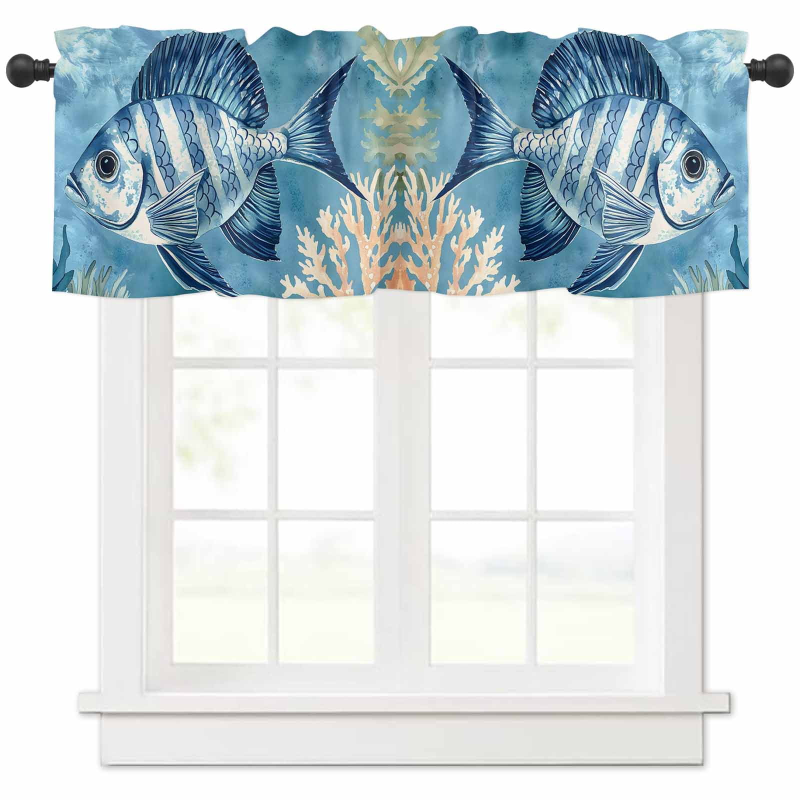 nqOlkjepod Ocean Blue Fish Farmhouse Short Window Curtain Valances ...