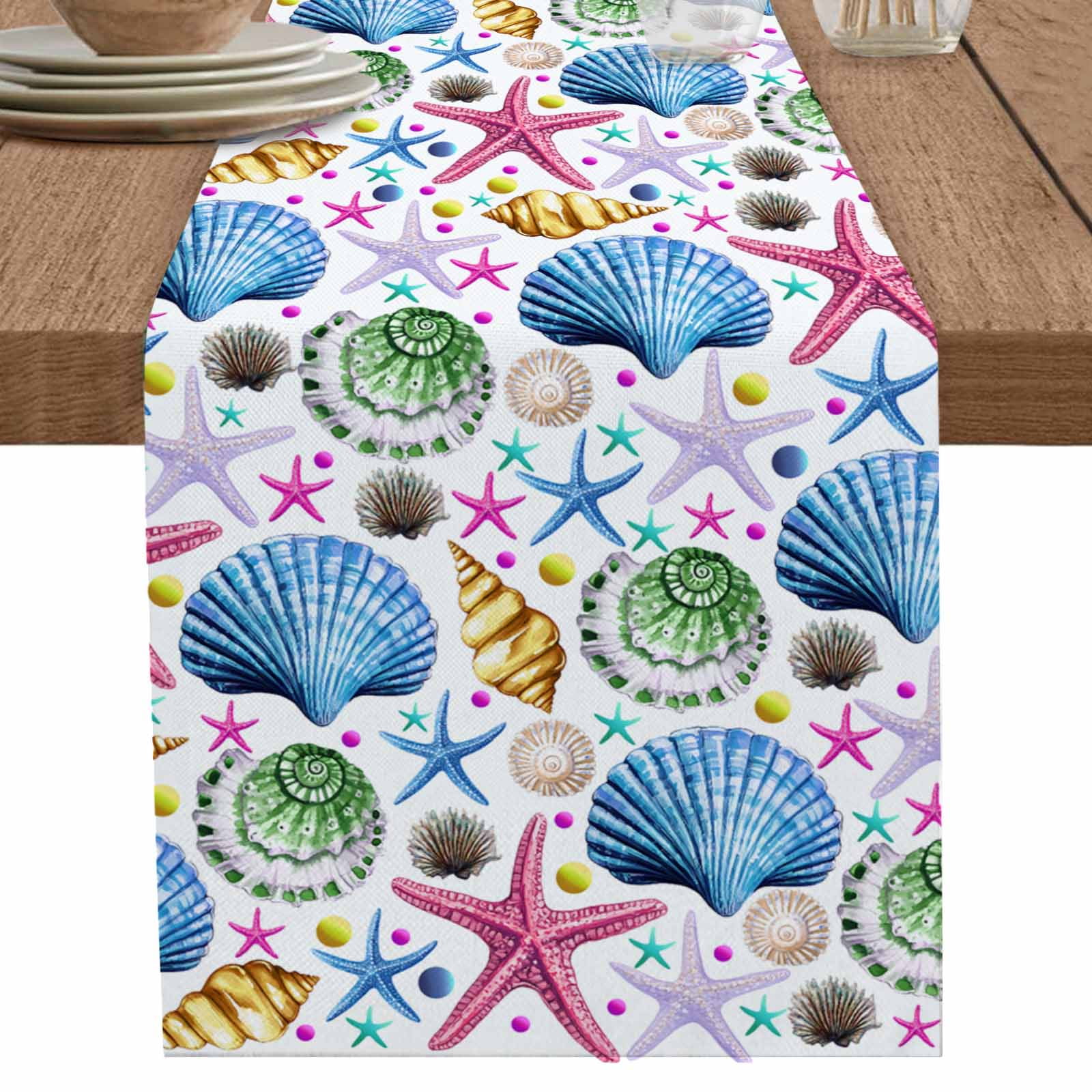 nqOlkjepod Ocean Blue Shell Table Runner 72 Inches Long Farmhouse Dress ...