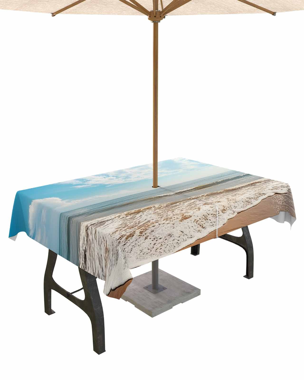 nqOlkjepod Ocean Outdoor Tablecloth with Umbrella Hole & Zipper, Beach Sand Blue Sky Waves ...