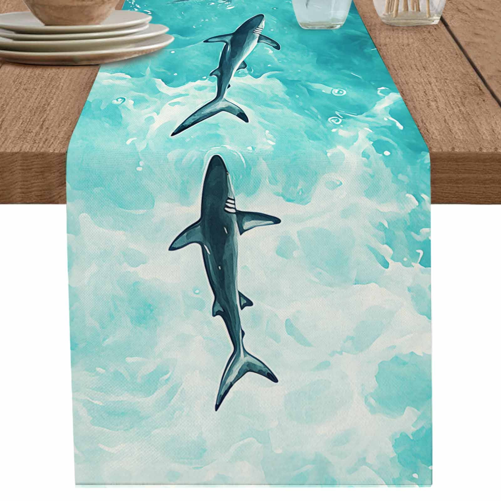 nqOlkjepod Ocean Shark Table Runner 108 Inches Long Farmhouse Dress ...