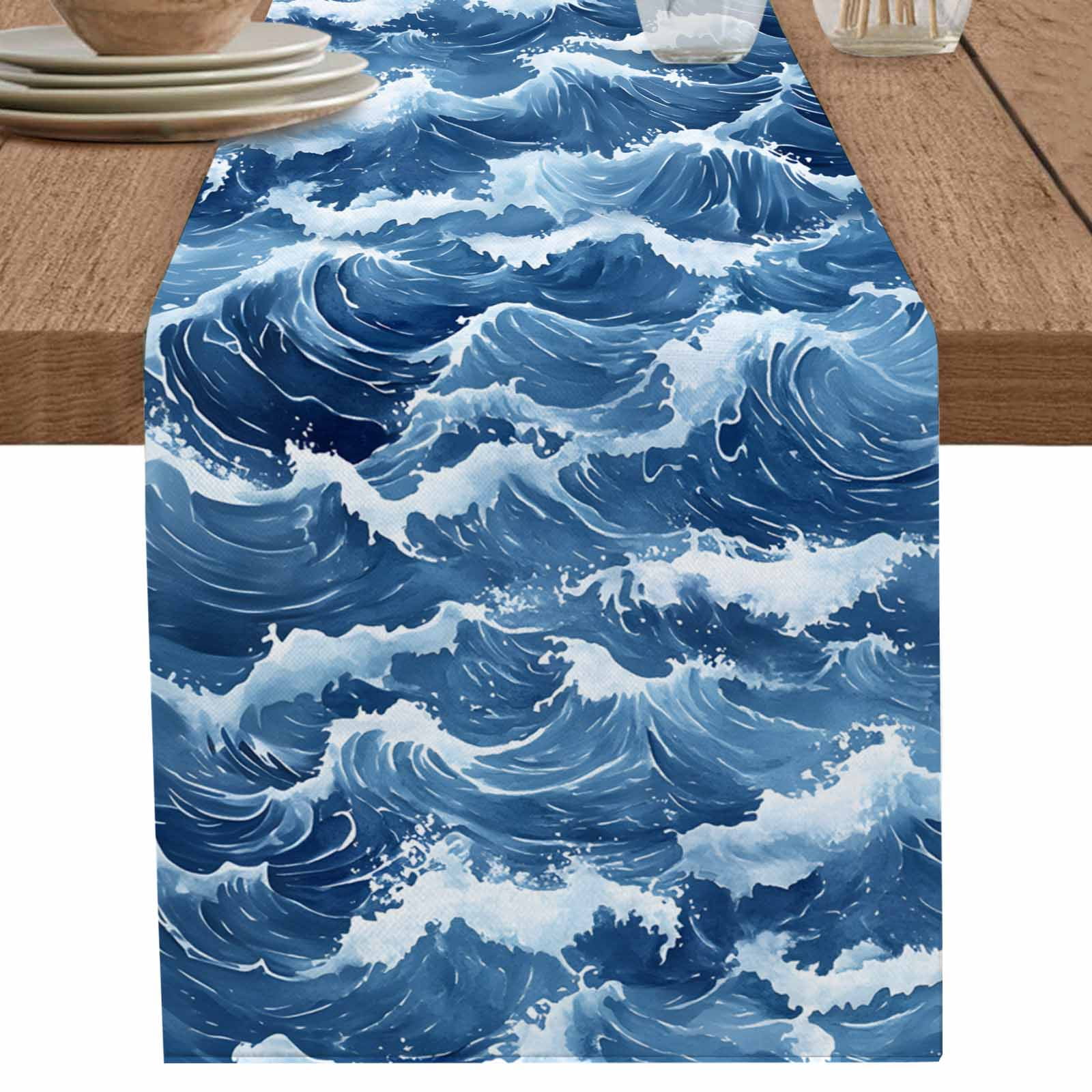 nqOlkjepod Ocean Waves Table Runner 72 Inches Long Farmhouse Dress ...