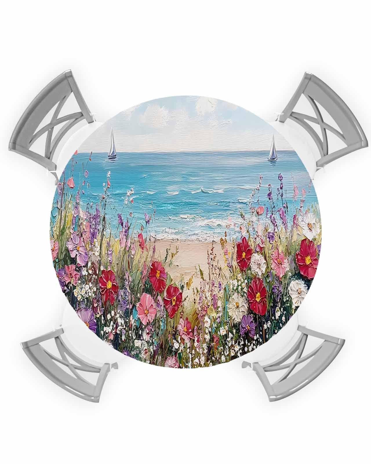nqOlkjepod Oil Painting Floral Round Tablecloth, Fitted Table Cover ...