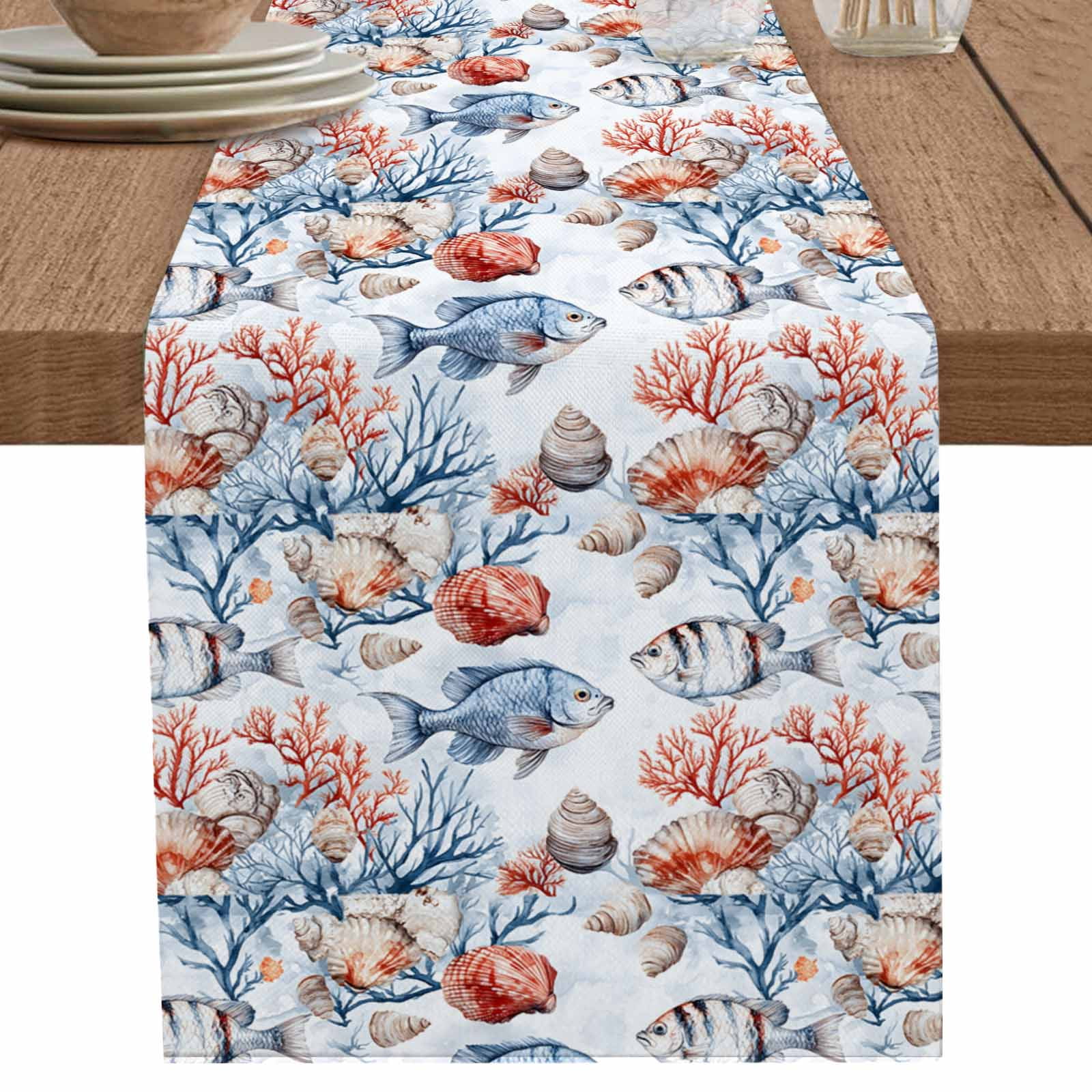 nqOlkjepod Orange Blue Coral Table Runner 60 Inches Long Farmhouse ...