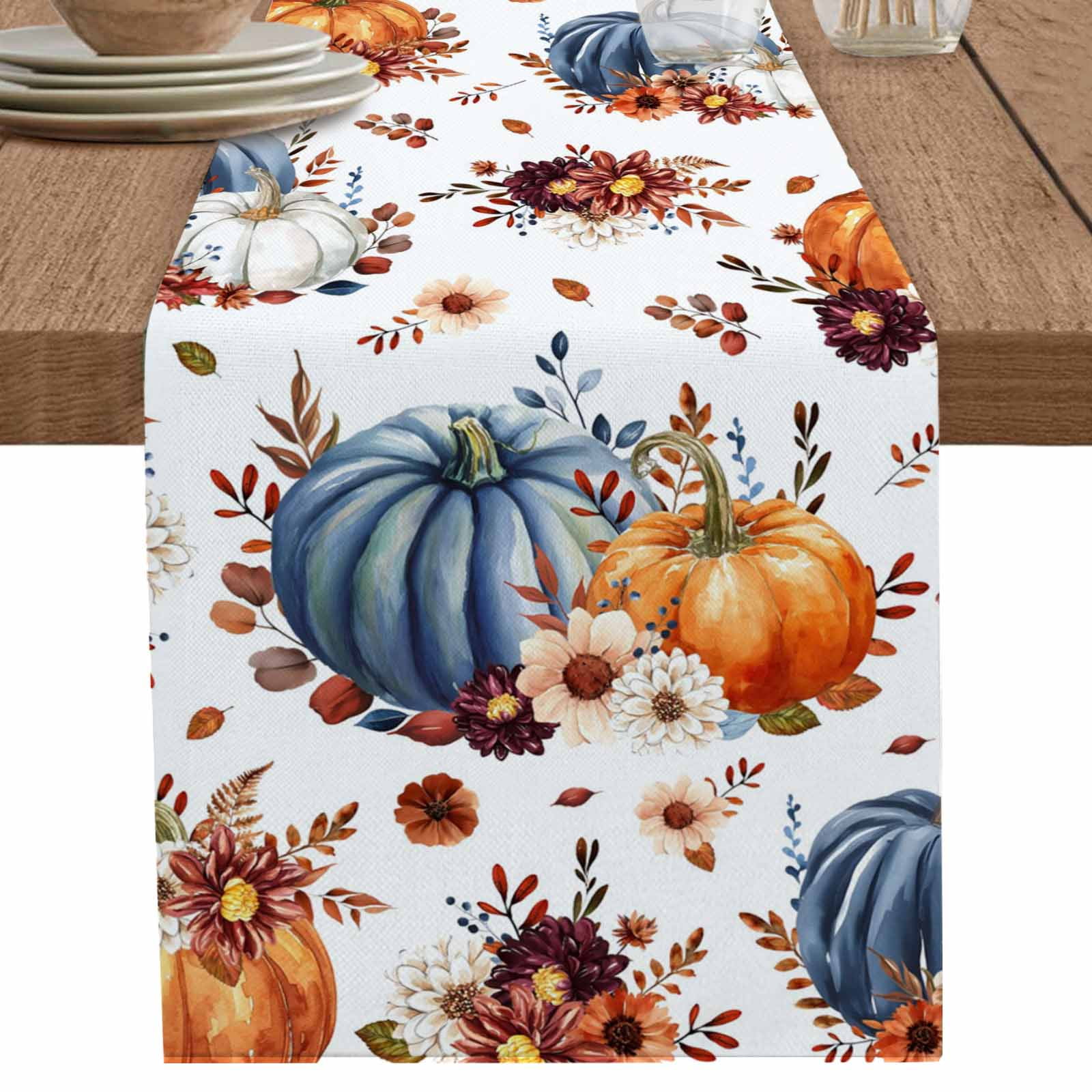 nqOlkjepod Orange Blue Fall Pumpkins Table Runner 36 Inches Long ...