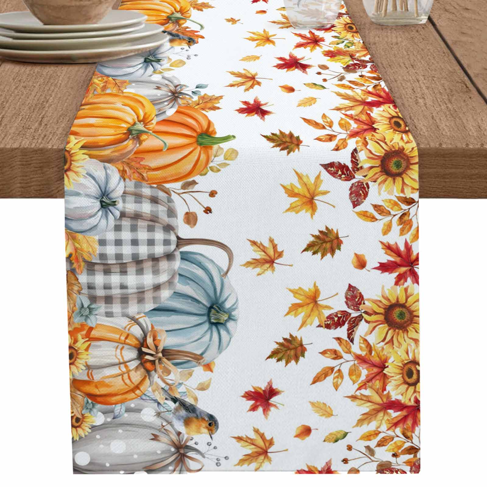 nqOlkjepod Orange Grey Pumpkins Fall Table Runner 108 Inches Long ...