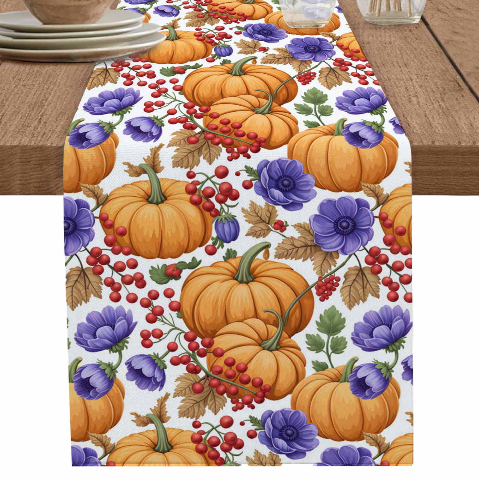 nqOlkjepod Orange Pumpkin Fall Table Runner 108 Inches Long Farmhouse ...