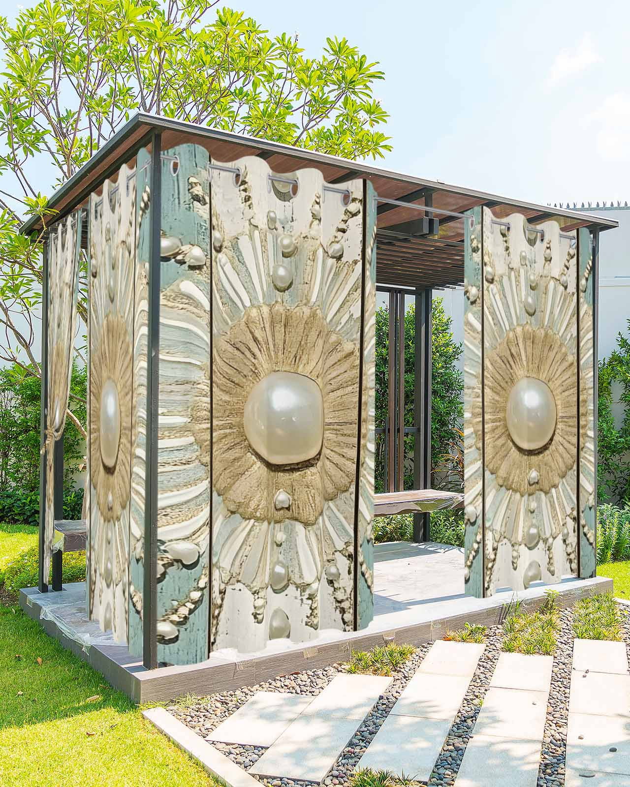 nqOlkjepod Outdoor Curtains for Patio Waterproof, Beige Teal Retro Art ...