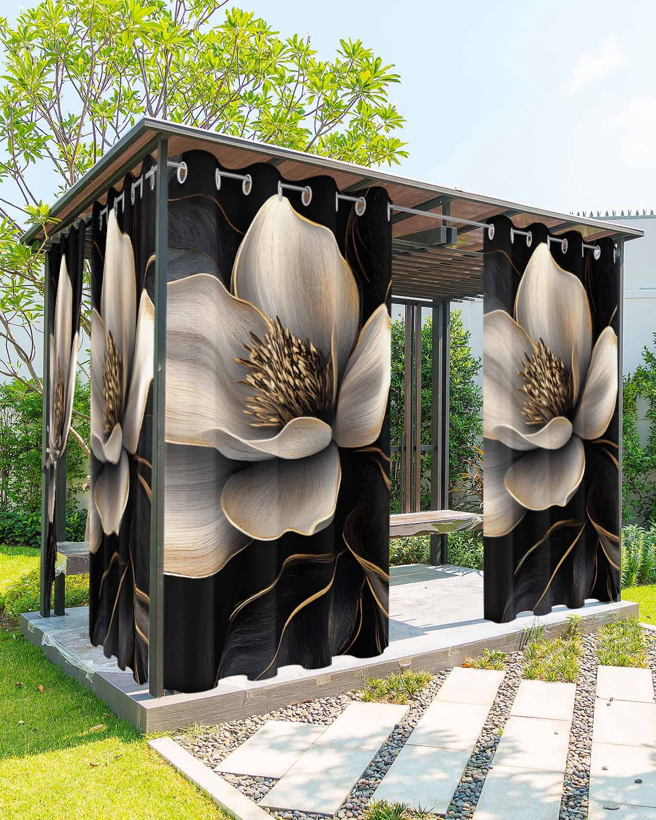 nqOlkjepod Outdoor Curtains for Patio Waterproof, Black Gold Flower ...