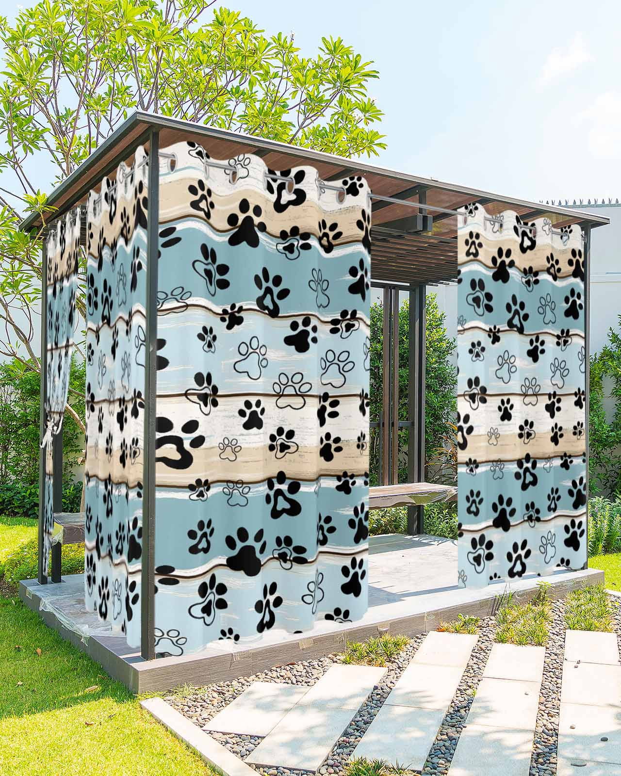 nqOlkjepod Outdoor Curtains for Patio Waterproof, Blue Beige Paw Print ...