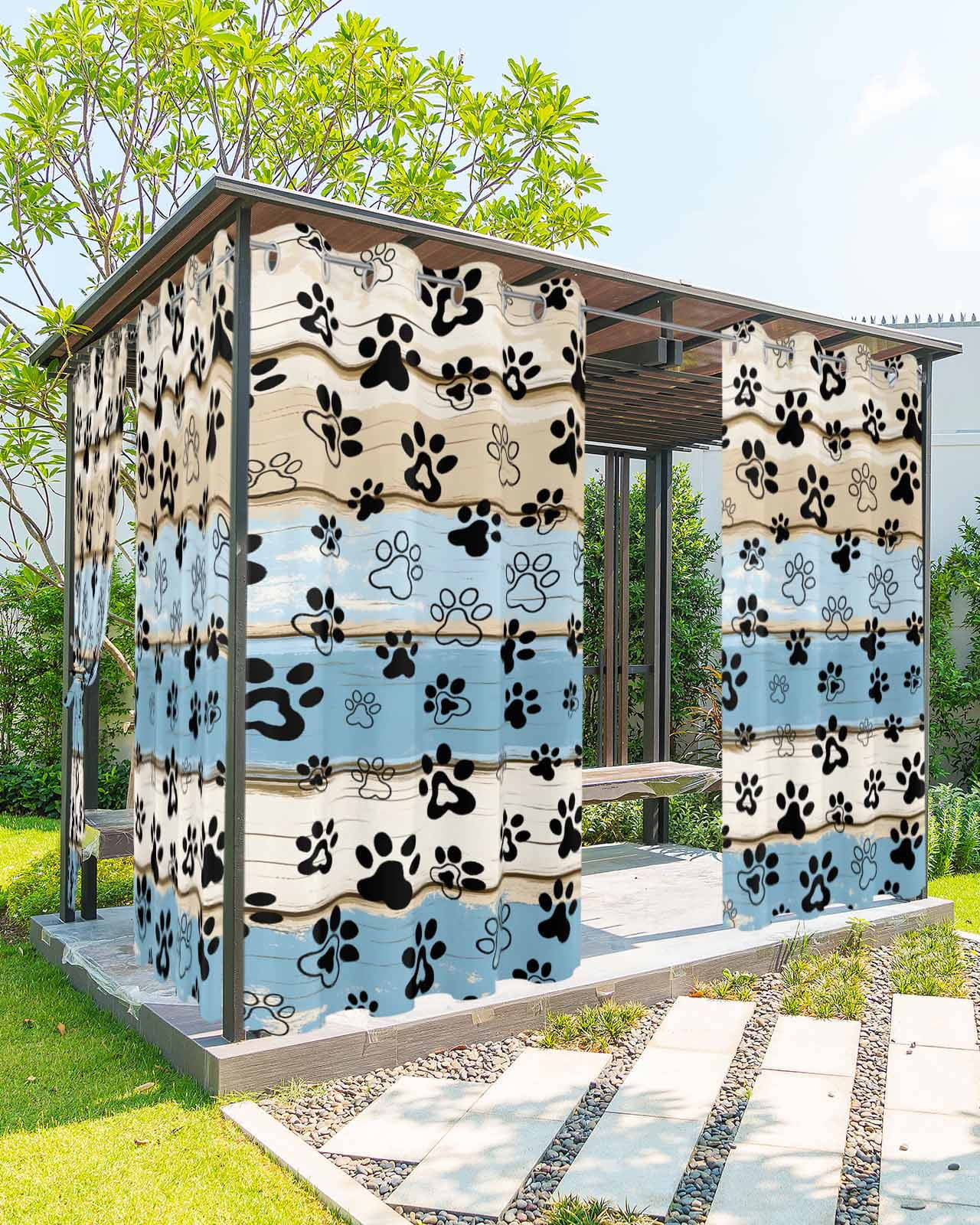 nqOlkjepod Outdoor Curtains for Patio Waterproof, Blue Beige Paw Prints ...