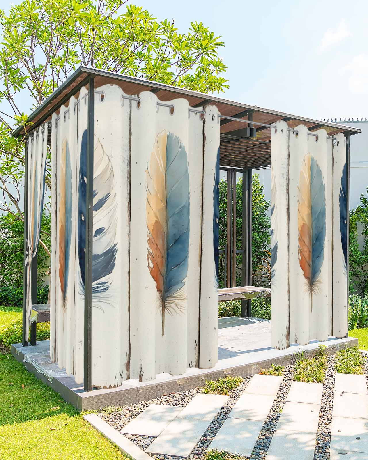 nqOlkjepod Outdoor Curtains for Patio Waterproof, Blue Brown Feathers ...