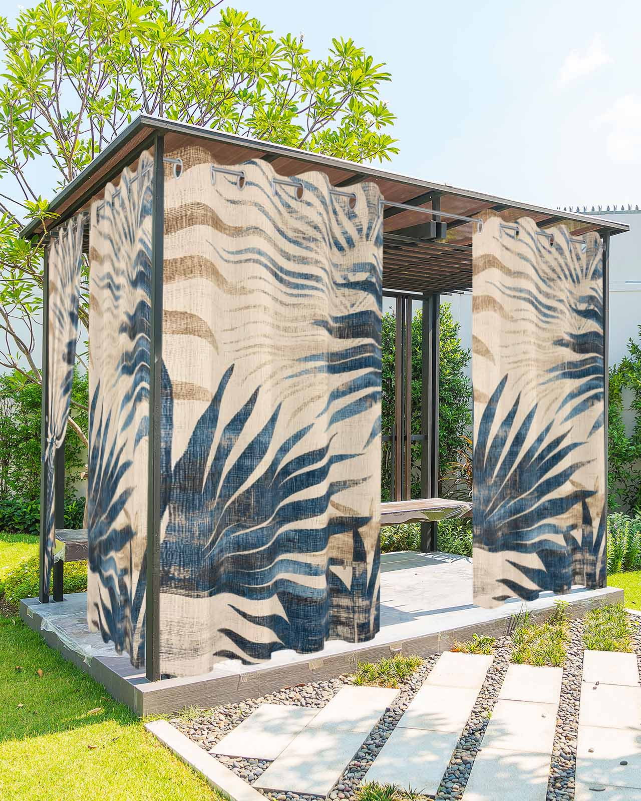 nqOlkjepod Outdoor Curtains for Patio Waterproof, Blue Brown Palm Leaf ...