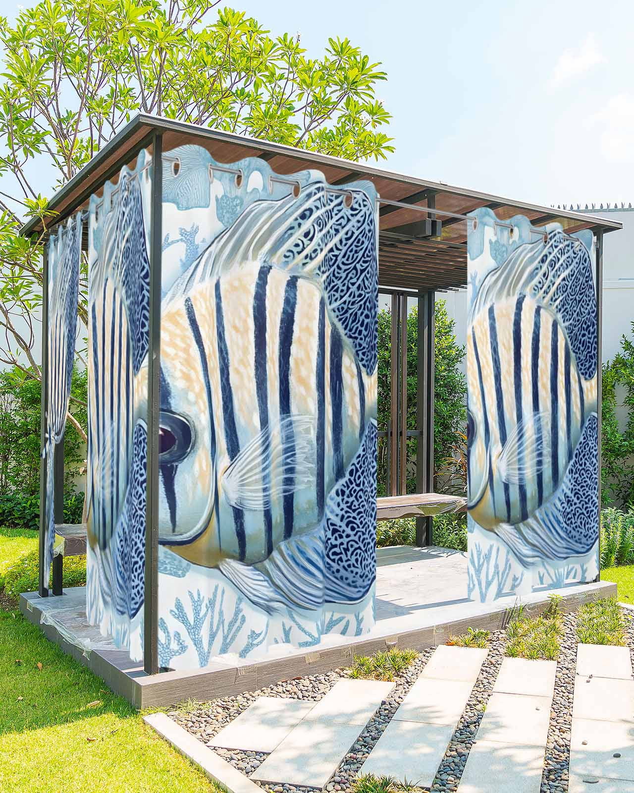 nqOlkjepod Outdoor Curtains for Patio Waterproof, Blue Coastal Fish ...