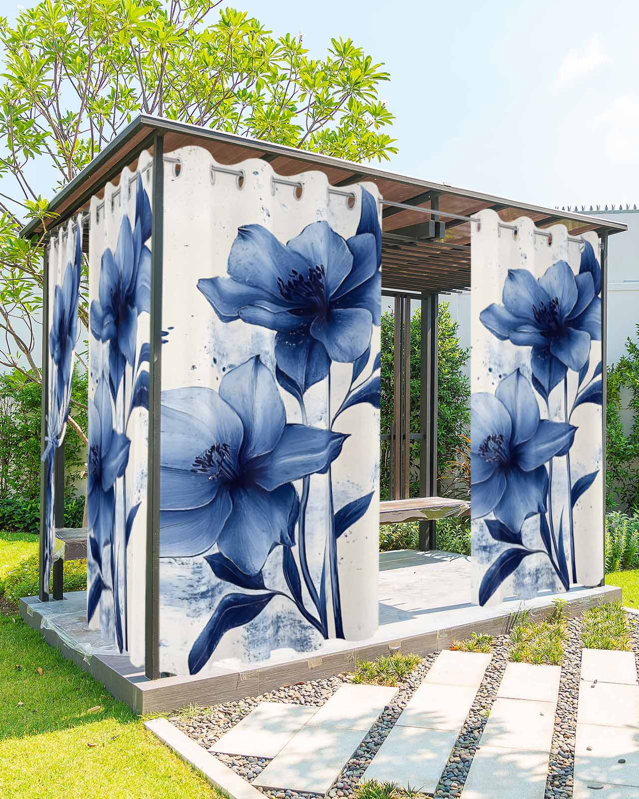 nqOlkjepod Outdoor Curtains for Patio Waterproof, Blue Flower Outdoor ...