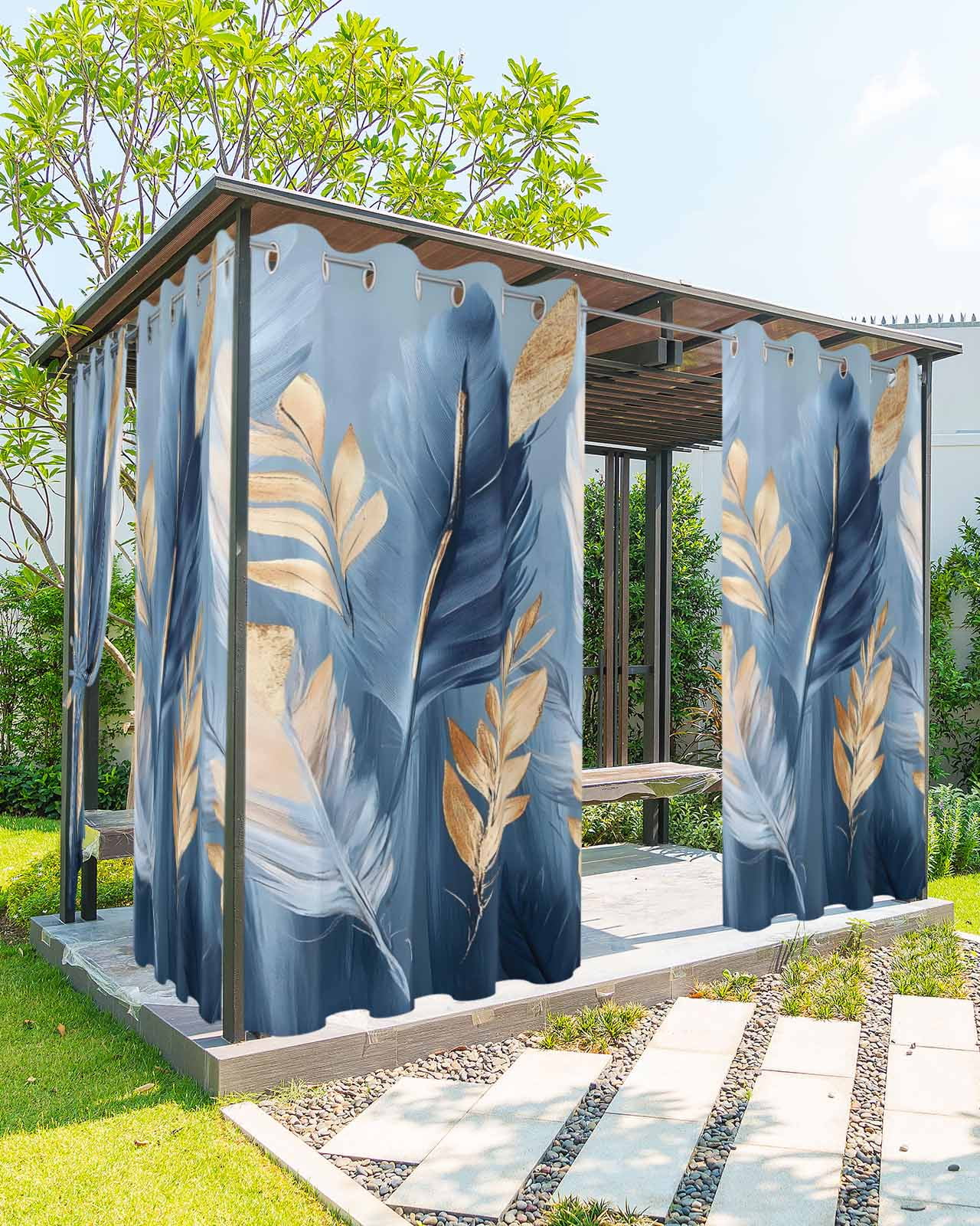 nqOlkjepod Outdoor Curtains for Patio Waterproof, Blue Gold Feather ...