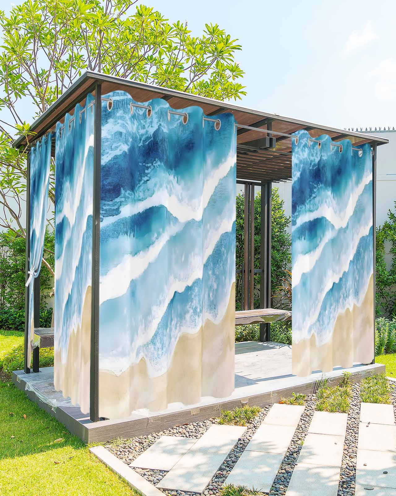 nqOlkjepod Outdoor Curtains for Patio Waterproof, Blue Waves Coastal ...
