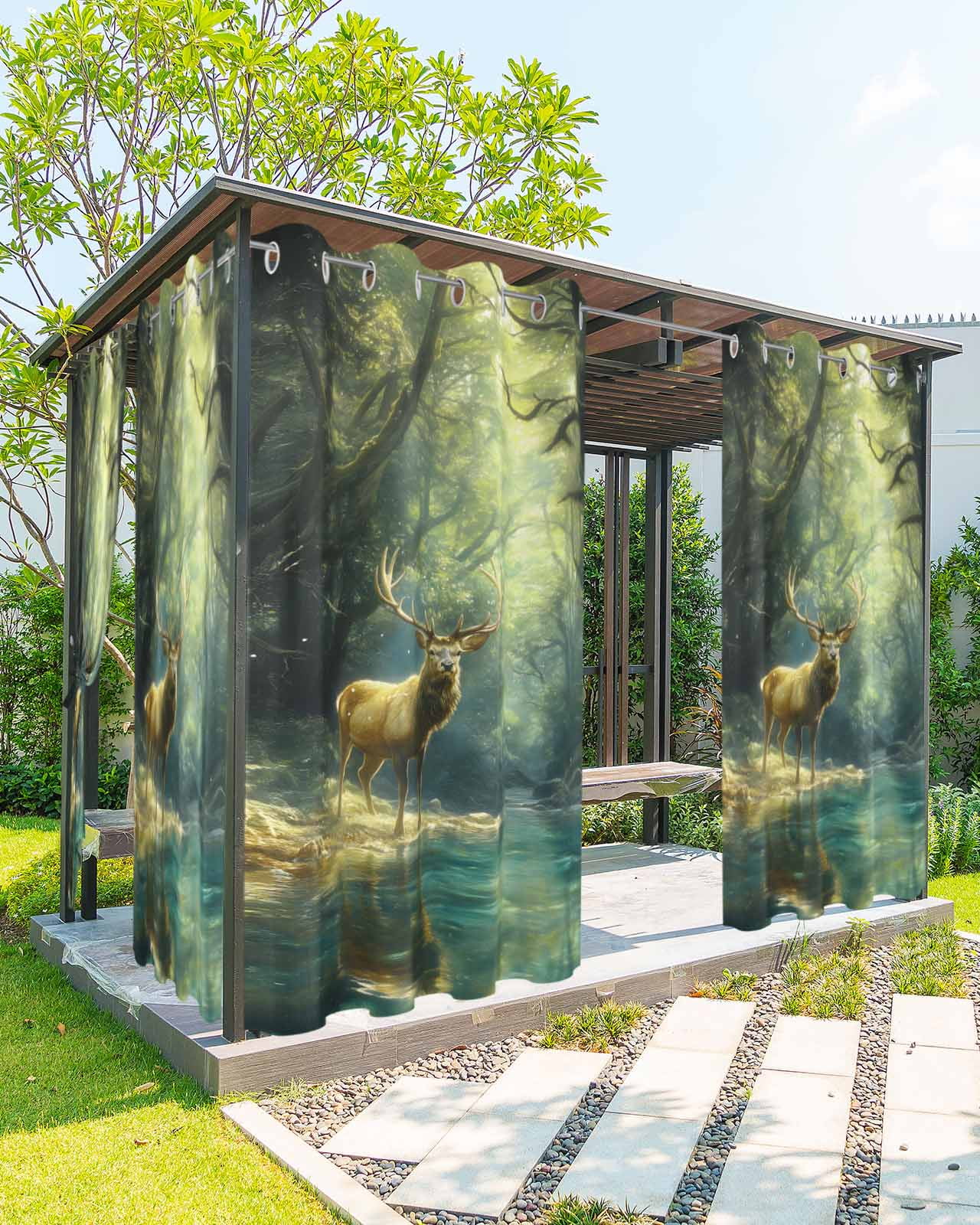 nqOlkjepod Outdoor Curtains for Patio Waterproof, Green Forest Deer Outdoor Privacy Panels ...