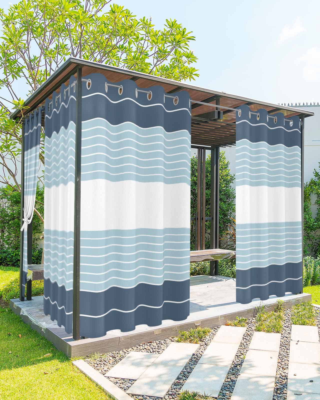 nqOlkjepod Outdoor Curtains for Patio Waterproof, Haze Blue Aqua Stripe ...
