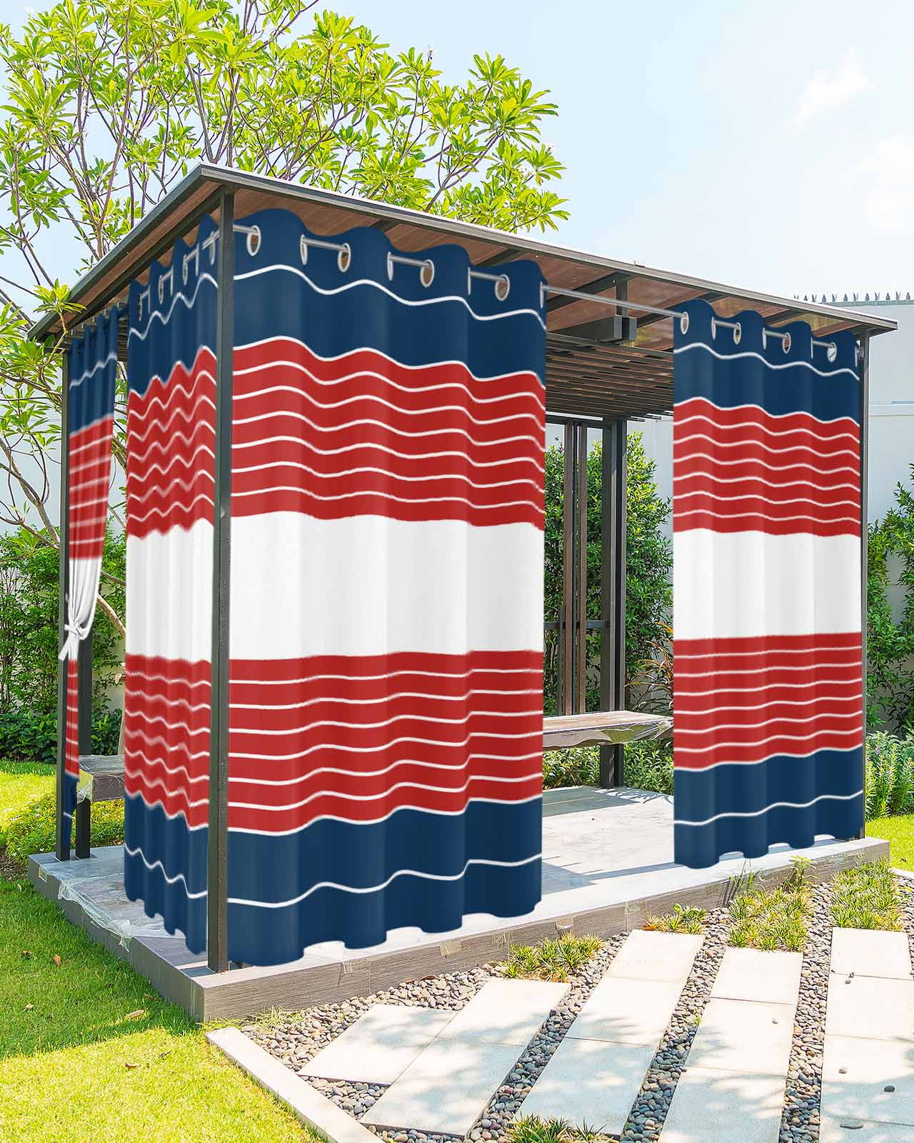 nqOlkjepod Outdoor Curtains for Patio Waterproof, Navy Blue Red Stripe ...