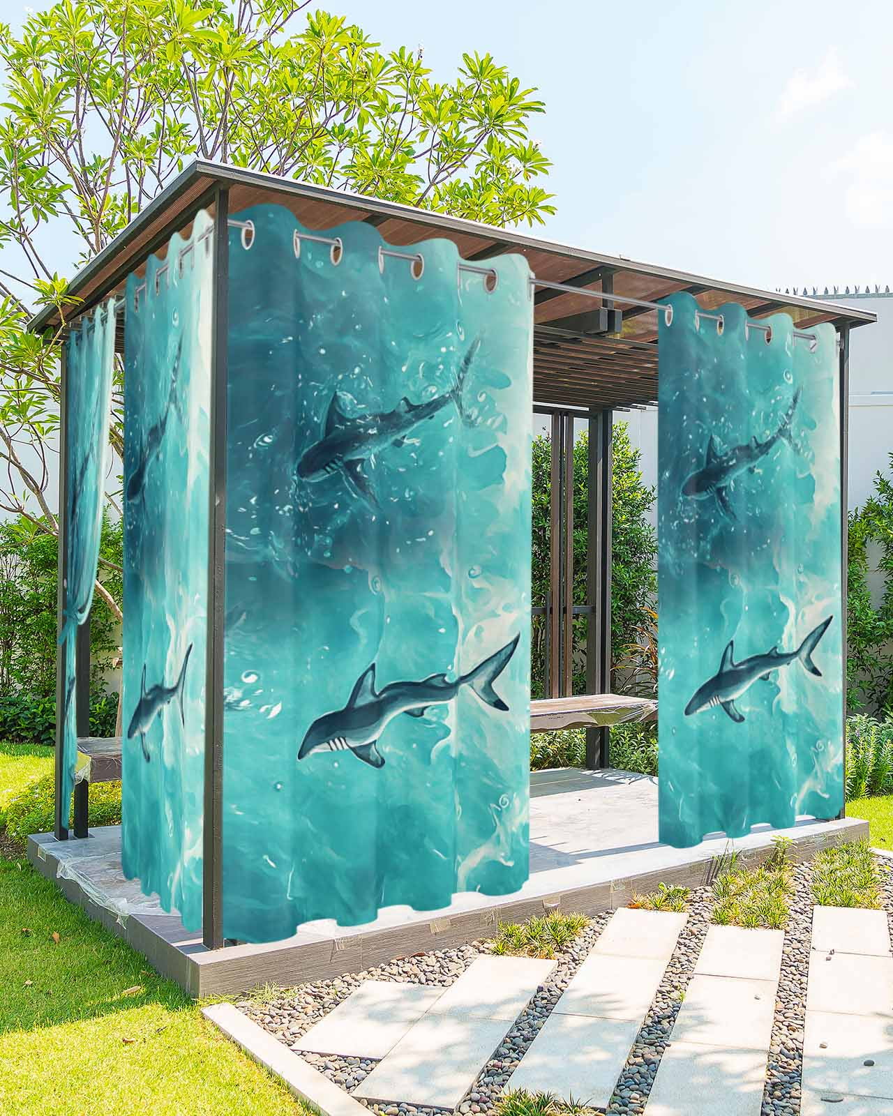 nqOlkjepod Outdoor Curtains for Patio Waterproof, Ocean Shark Outdoor ...