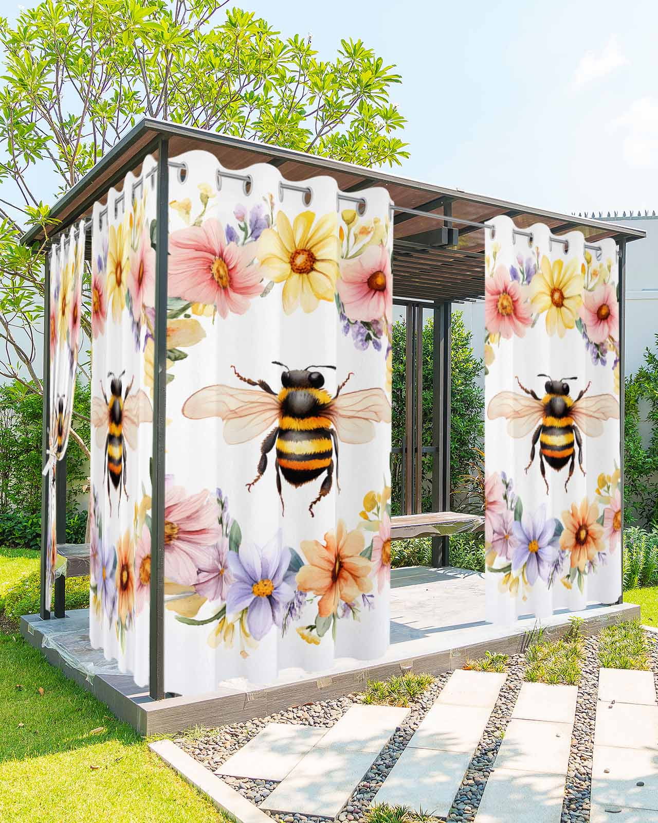 nqOlkjepod Outdoor Curtains for Patio Waterproof, Pastoral Bee Wreath ...