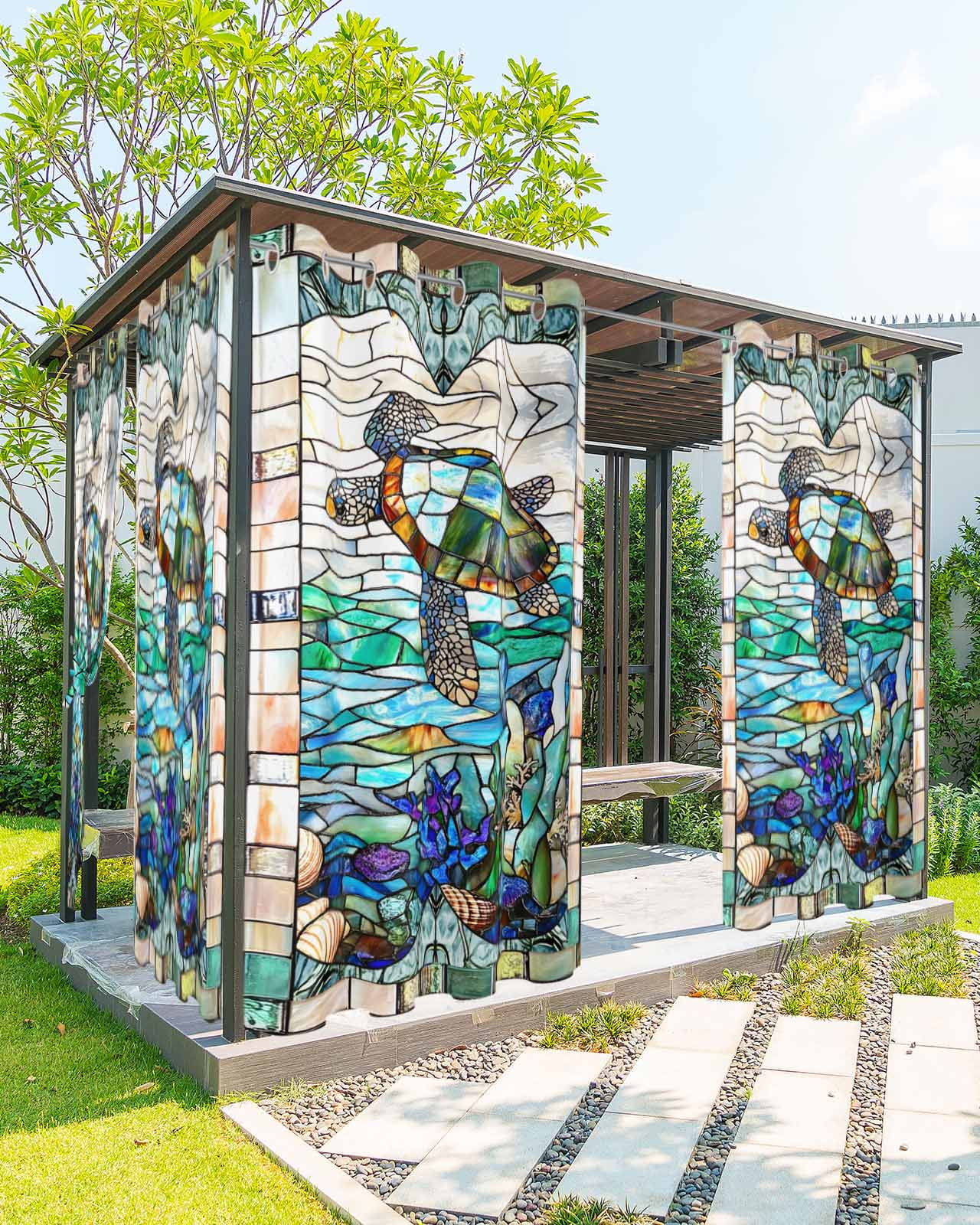 nqOlkjepod Outdoor Curtains for Patio Waterproof, Stained Glass Sea ...